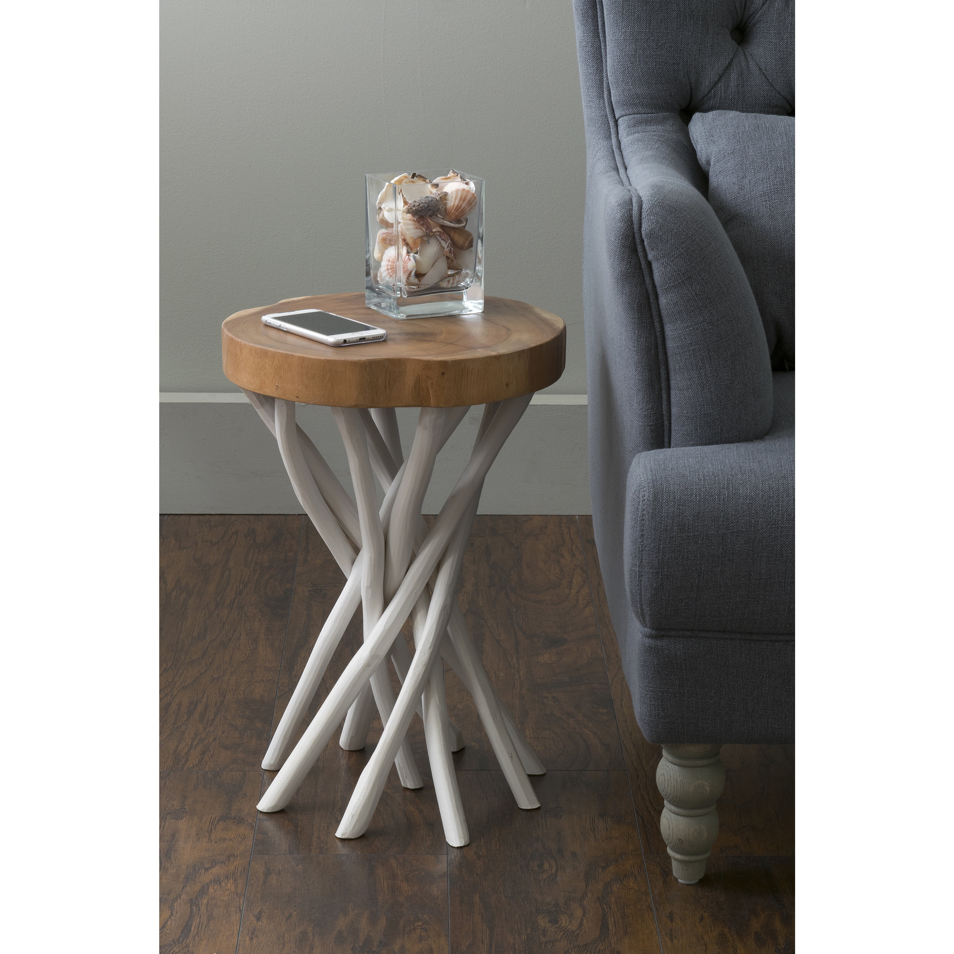 Merrill Round White Teak Wood Stick Base Accent Table, East at Main 14 ...