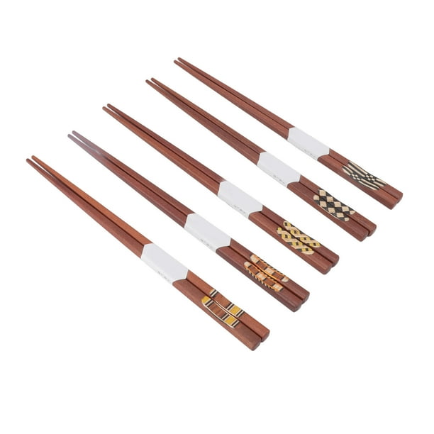 5 Pair Wooden Chopsticks Red Sandalwood Grooved Pattern Natural ...