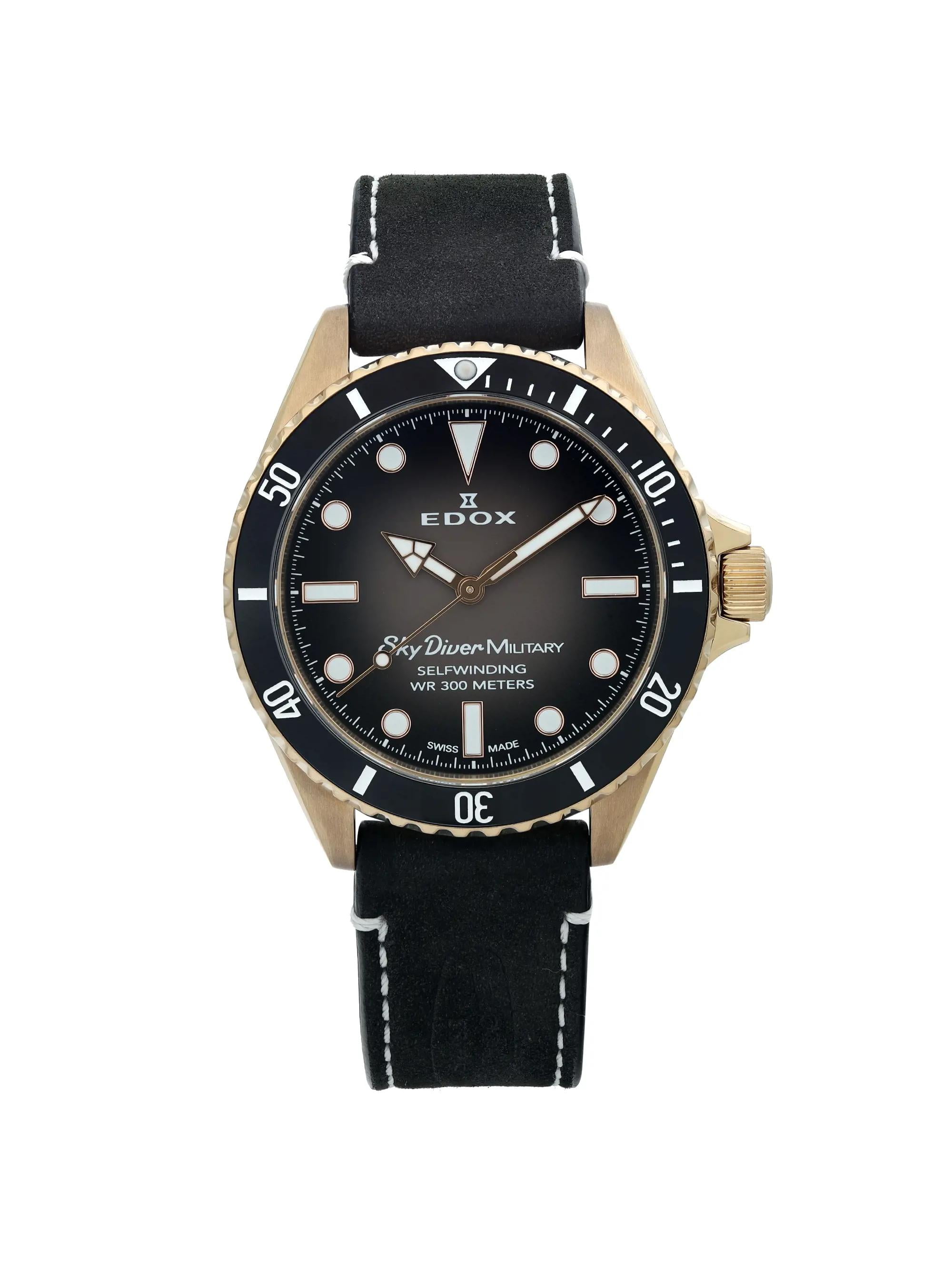 Edox SkyDiver 42mm Bronze Leather Black Ombre Dial Automatic Men Watch ...