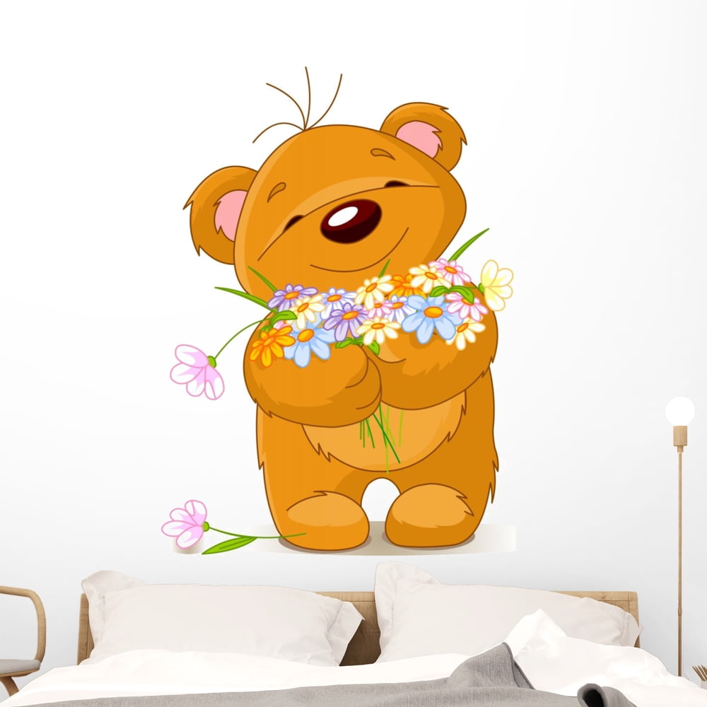 Teddy Bear Giving Bouquet Wall Mural by Wallmonkeys Peel and Stick ...