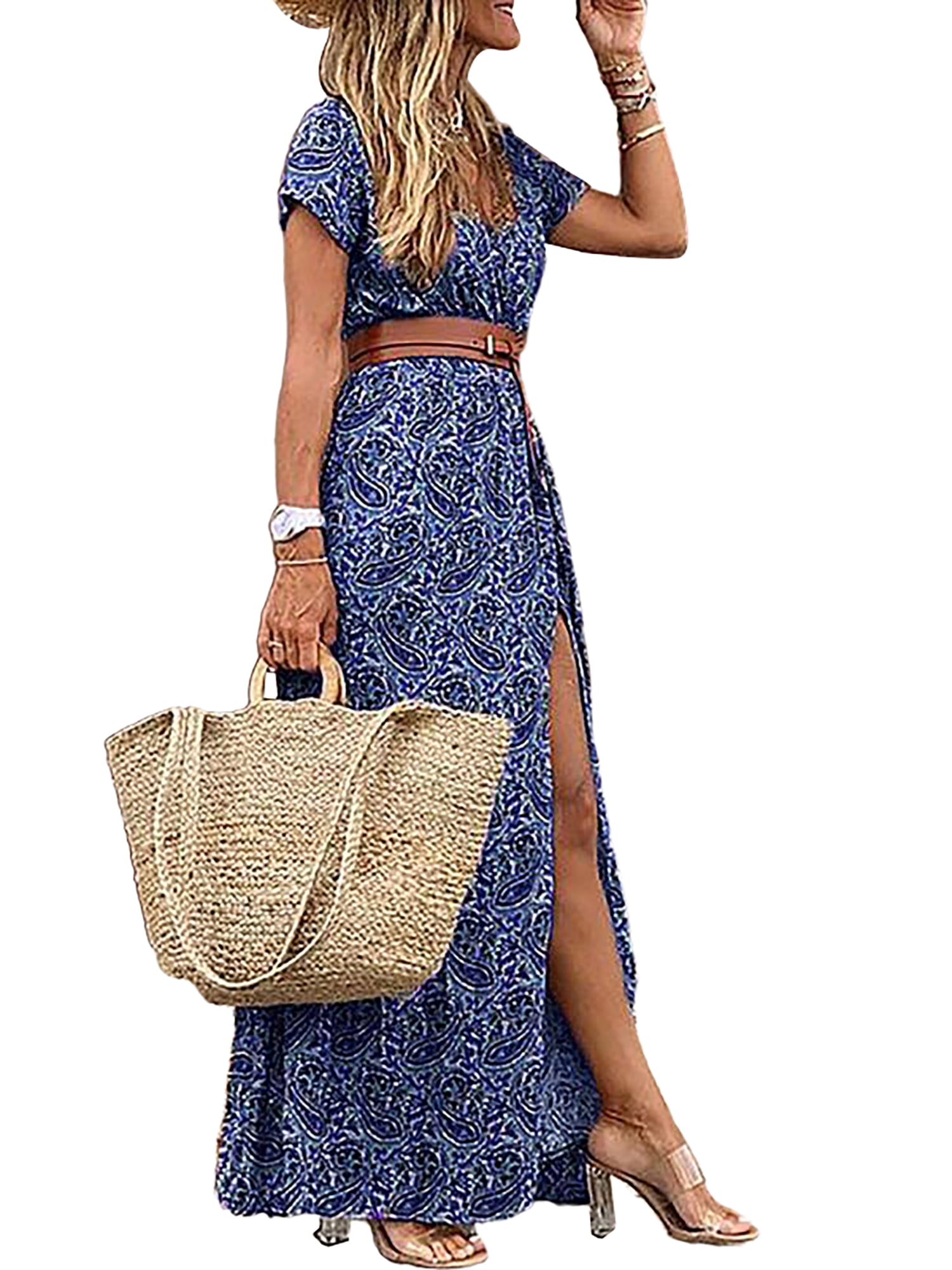Frontwalk Women Maxi Dresses Summer Boho Long Dress Floral Print Short ...
