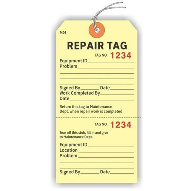 Repair TAG, Equipment ID, Numbered (001-100), Manila Cardstock with ...