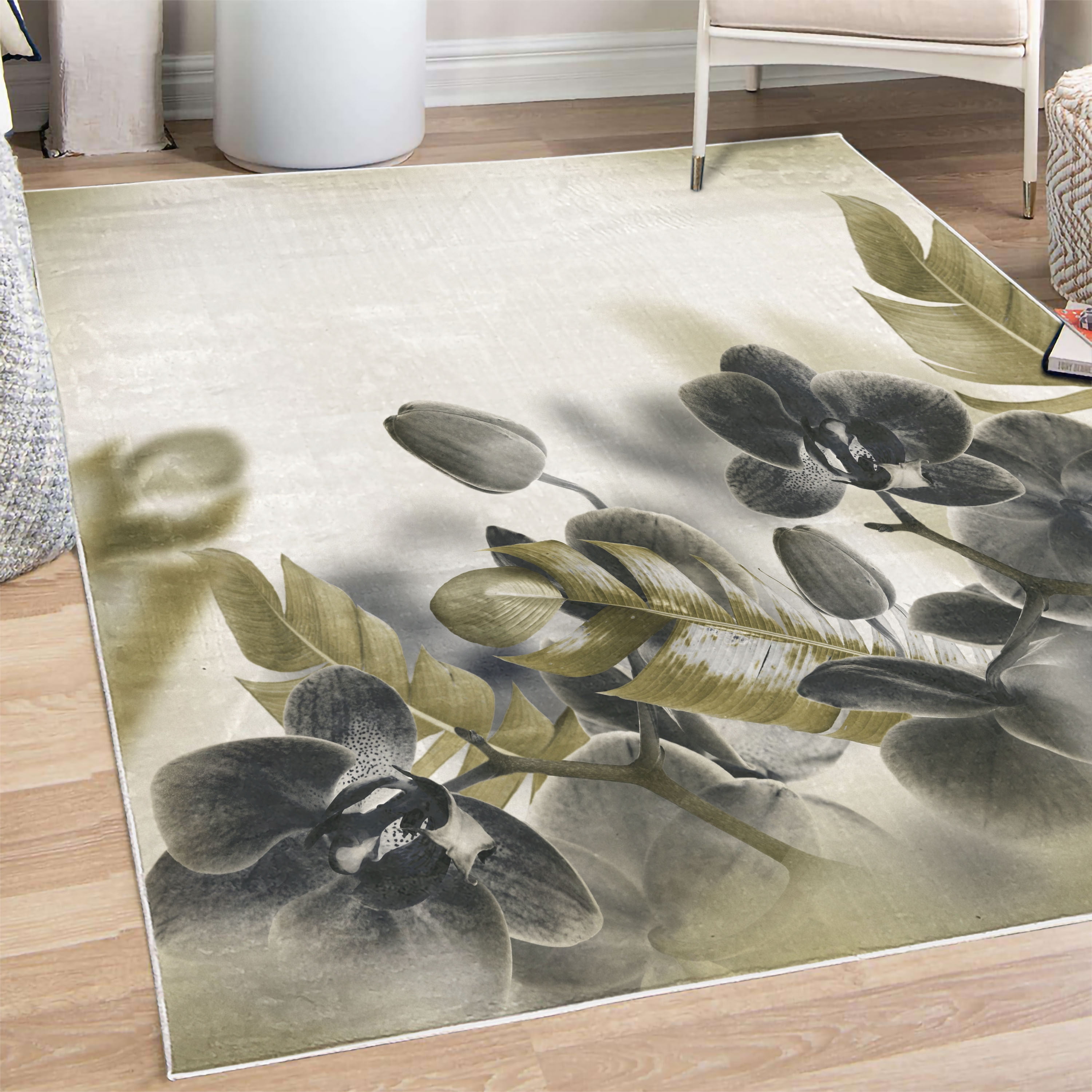 Tropical Decorative Rug, Exotic Orchids Blossom Leaves on Blurred ...