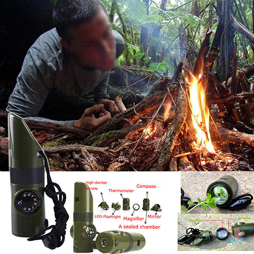 7 In 1 Emergency Whistles Compass Thermometer Flashlight Camping ...