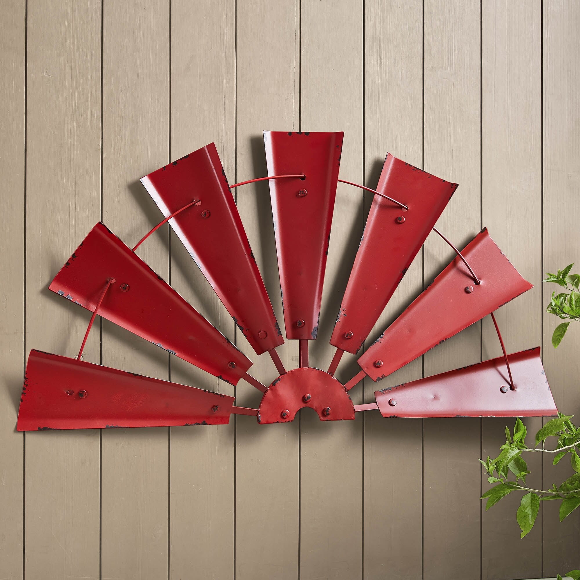 Glitzhome Farmhouse Rustic Wind Spinner Wall Decor Fan Red 32 x 16 ...