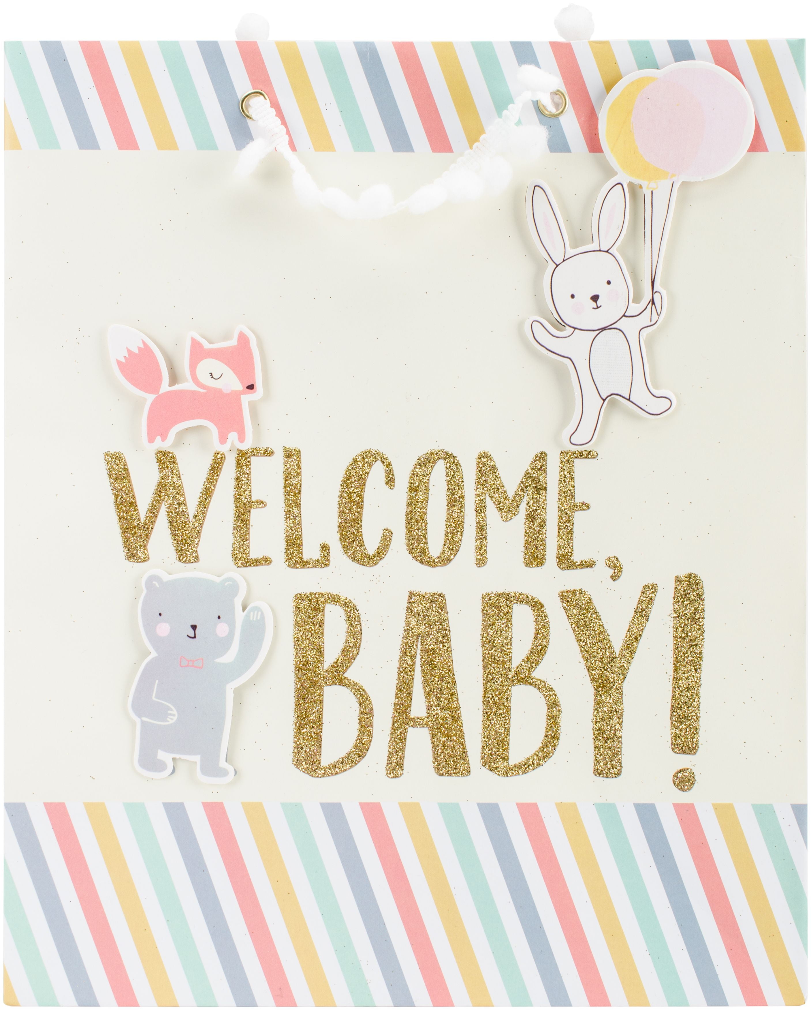 Gift Bag W/Pom Pom Handles 12"X10"X5"-Welcome Baby W/Glitter - Walmart.com