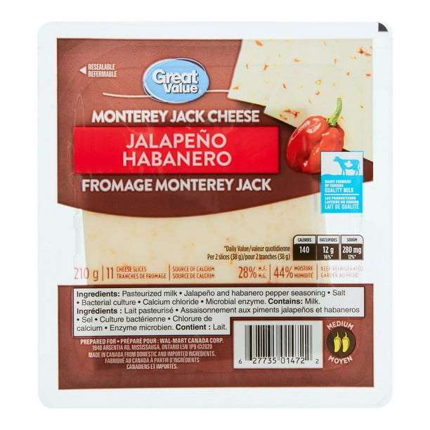 Tranches de fromage monterey jack jalapeño habanero Great Value 210 g ...
