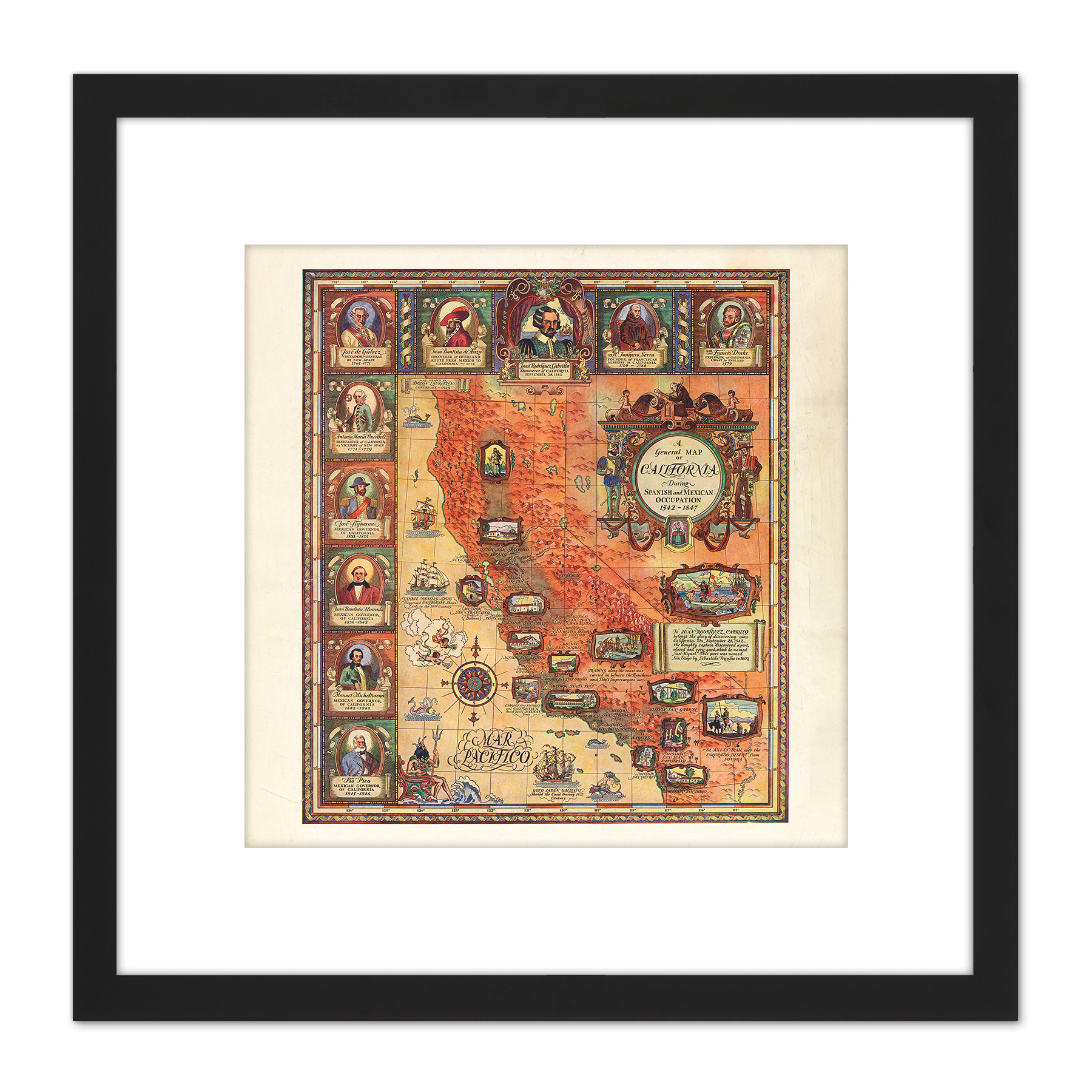 Lauritzen 1929 Pictorial Map California History 8X8 Inch Square Wooden ...