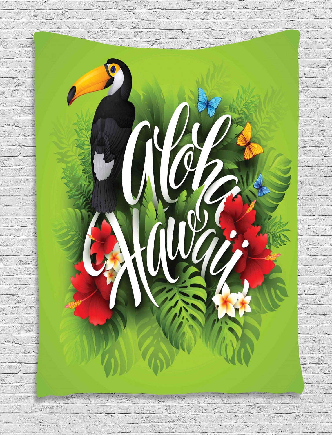 Aloha Tapestry, Hawaiian Cursive Lettering with Butterflies Flowers and ...
