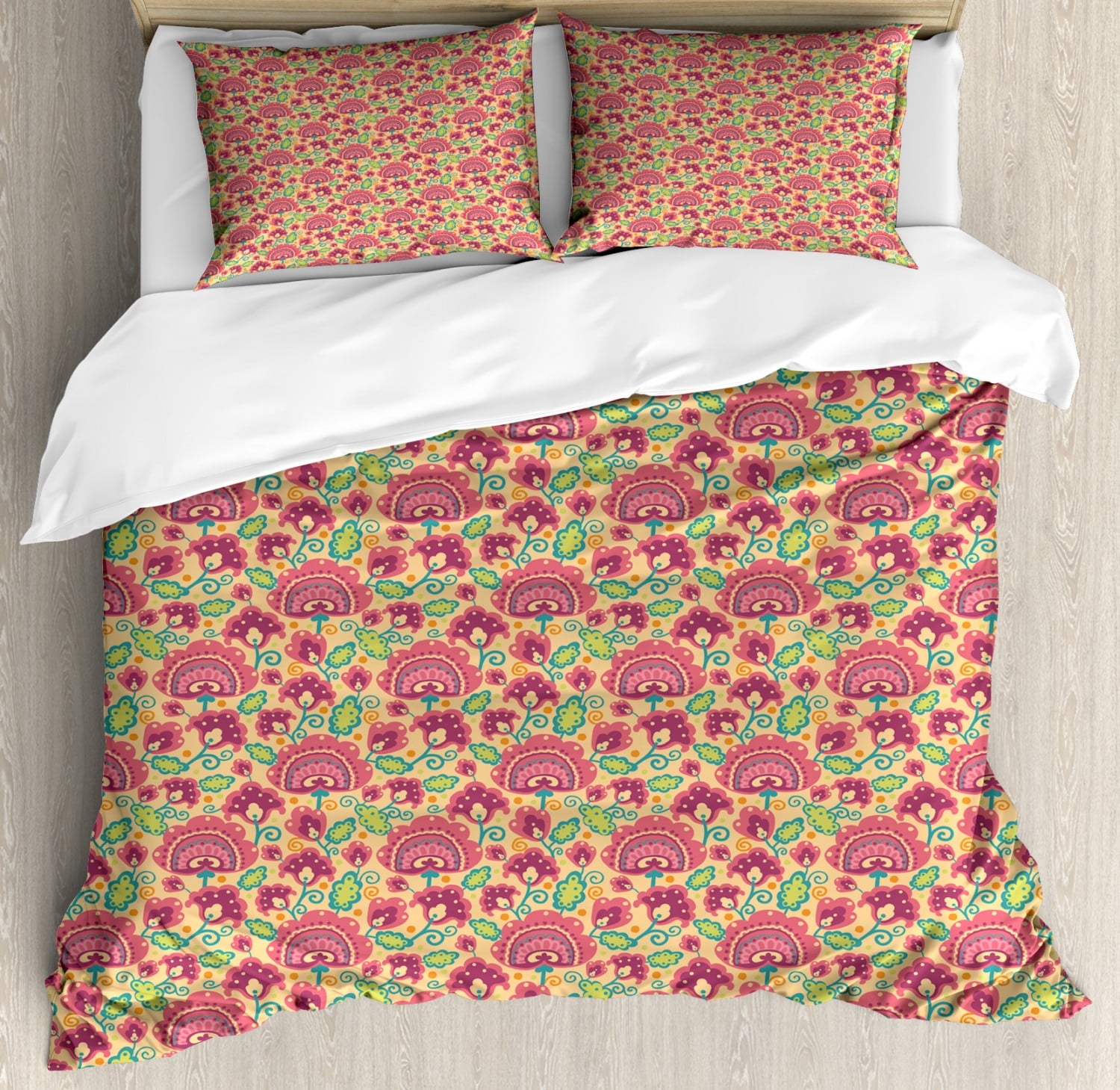 Folk Art Duvet Cover Set Queen Size, Colorful Abstract Botany Art with ...