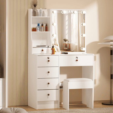 Yamissi Vanity Desk Set w/ LED Lighted Mirror, Stool, 3 Drawers, 6 ...