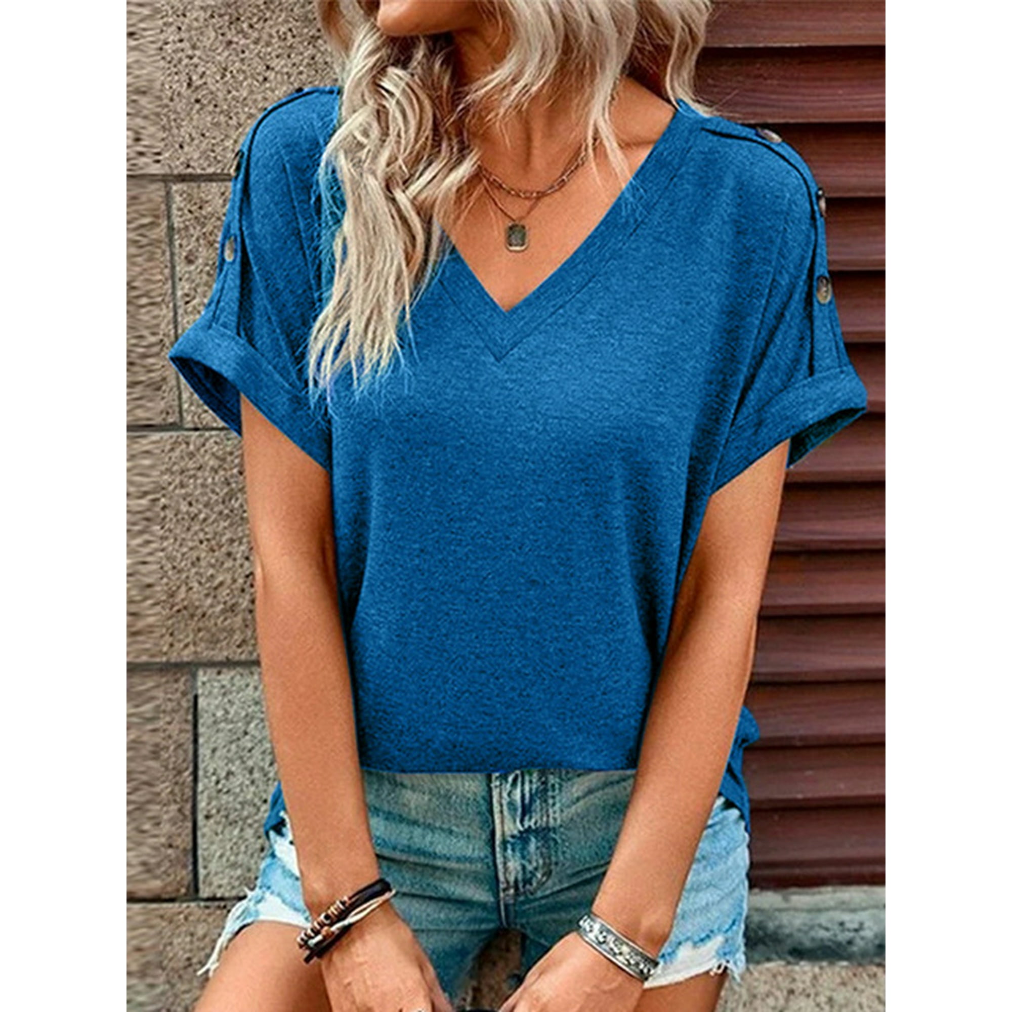 Click here for Lindbes Simple Solid V-Neck Tee Women Shoulder But... prices