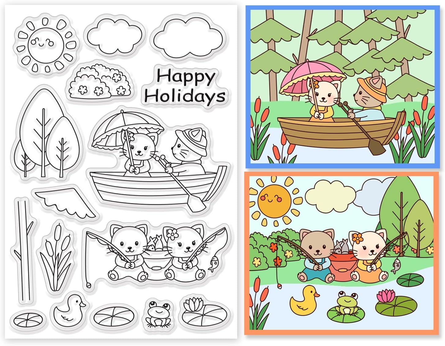 1sheet Cat Fishing Clear Stamps Sun Boat Silicone Stamps Tree Duck ...