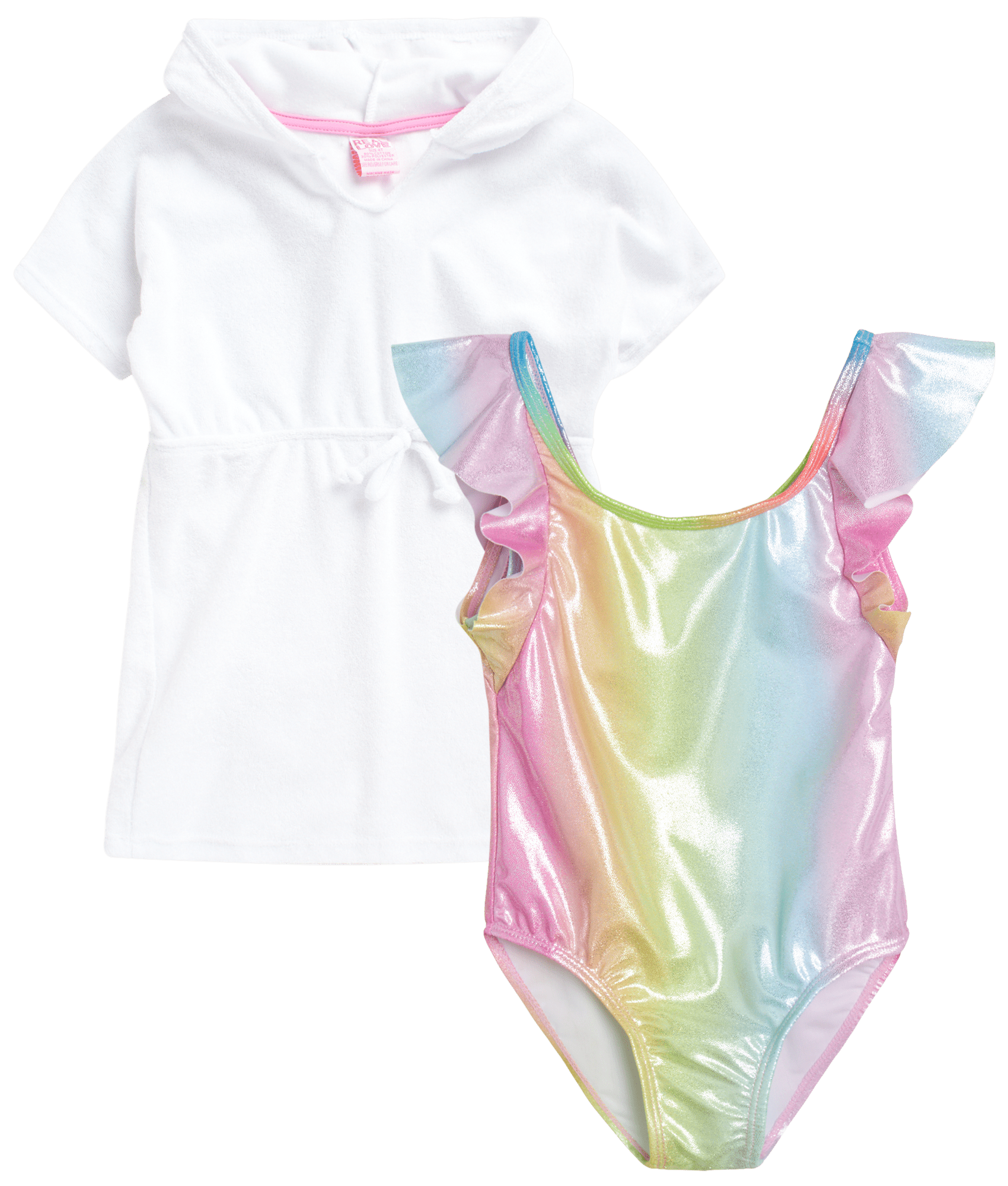 Real Love Girls Swim Cover Up Set 2 Piece Hooded Terry Beach Robe And One Piece Bathing Suit