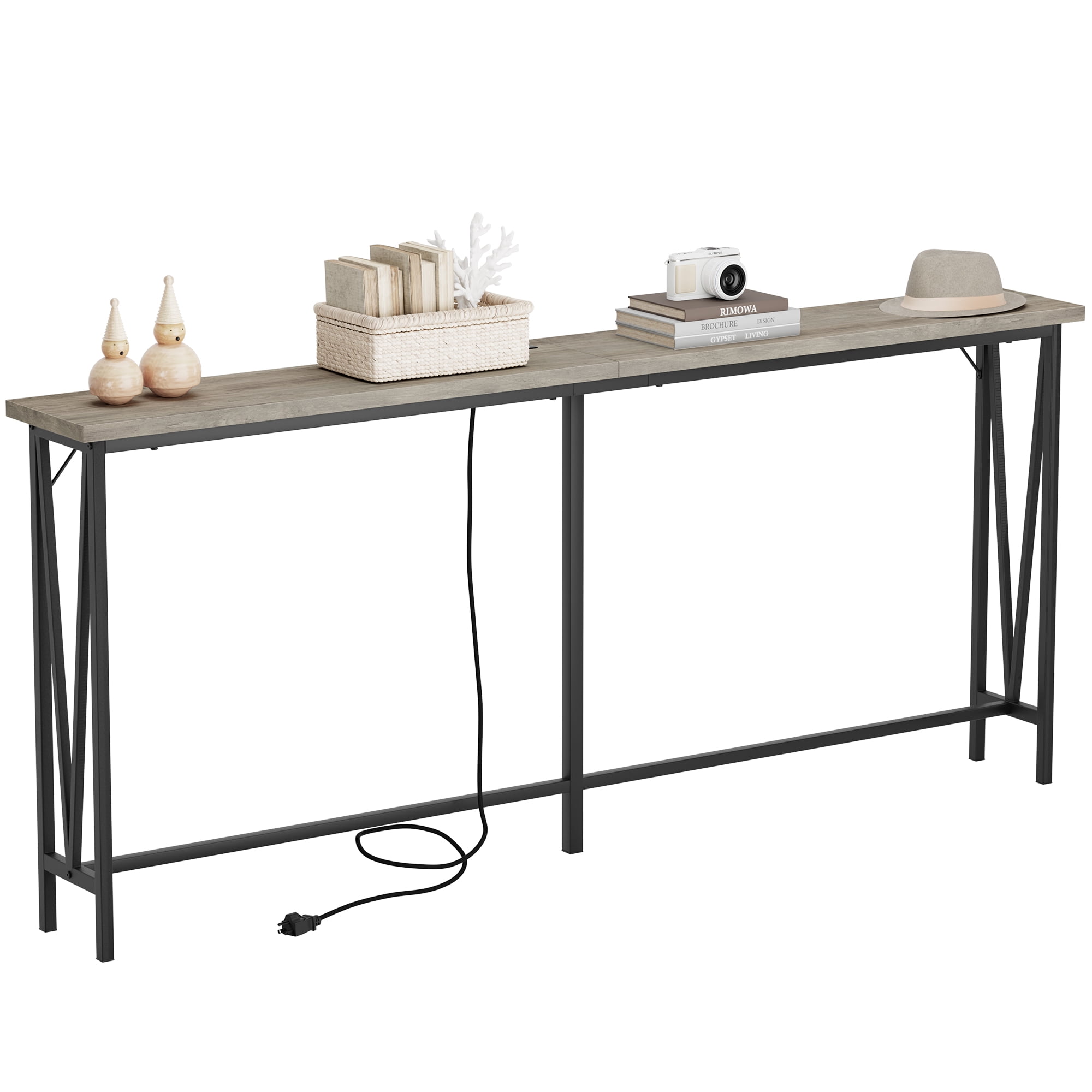 DSstyles Sofa Tables Narrow Long, Grey Console Table with Power Outlets ...