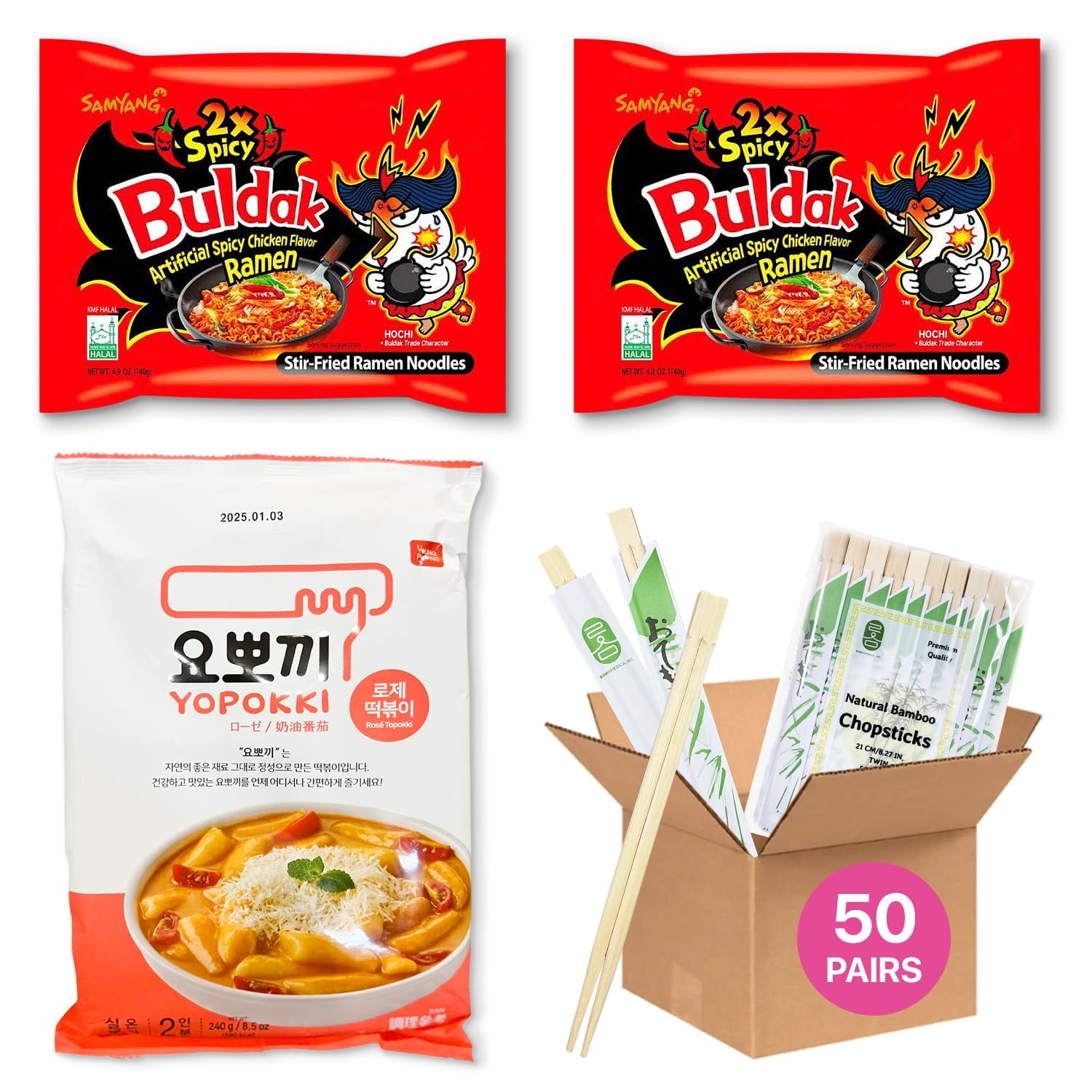 2x Spicy Buldak Ramen (2 packs) & Yopokki Tteokbokki Rose Flavor ...