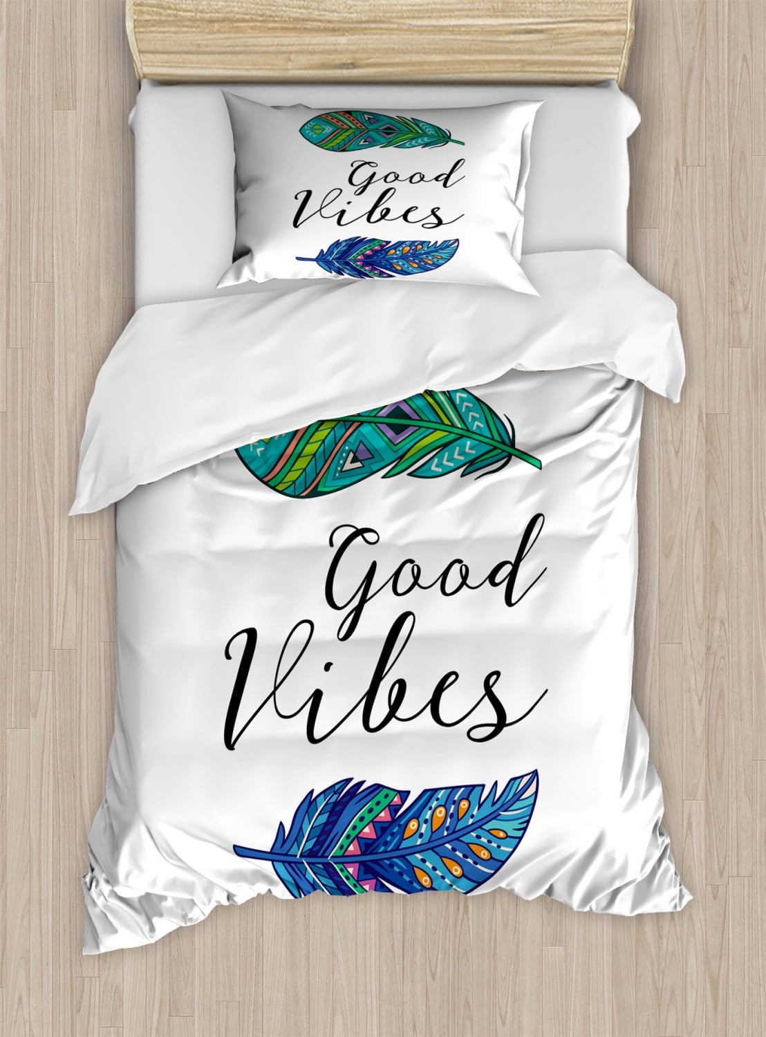 Good Vibes Duvet Cover Set Twin Size, Boho Art Style Feathers with ...