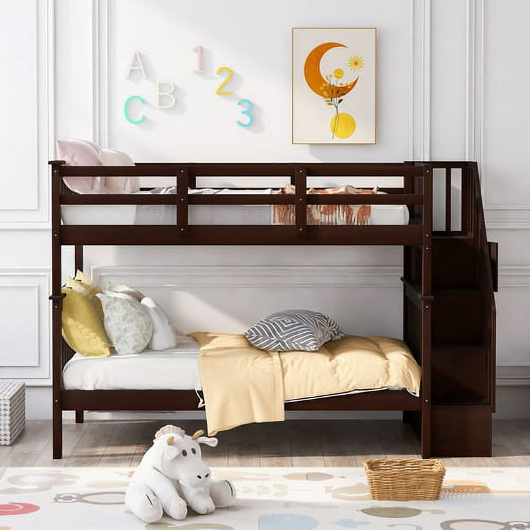 Twin Over Twin Bunk Bed with Three Drawers Lower Bunk Bed Soild Wood Stairway Bunk Bed with Storage and Guard Rail Wood Loft Bed Bed Frame with Storage Staircase for Bedroom Dorm Espresso