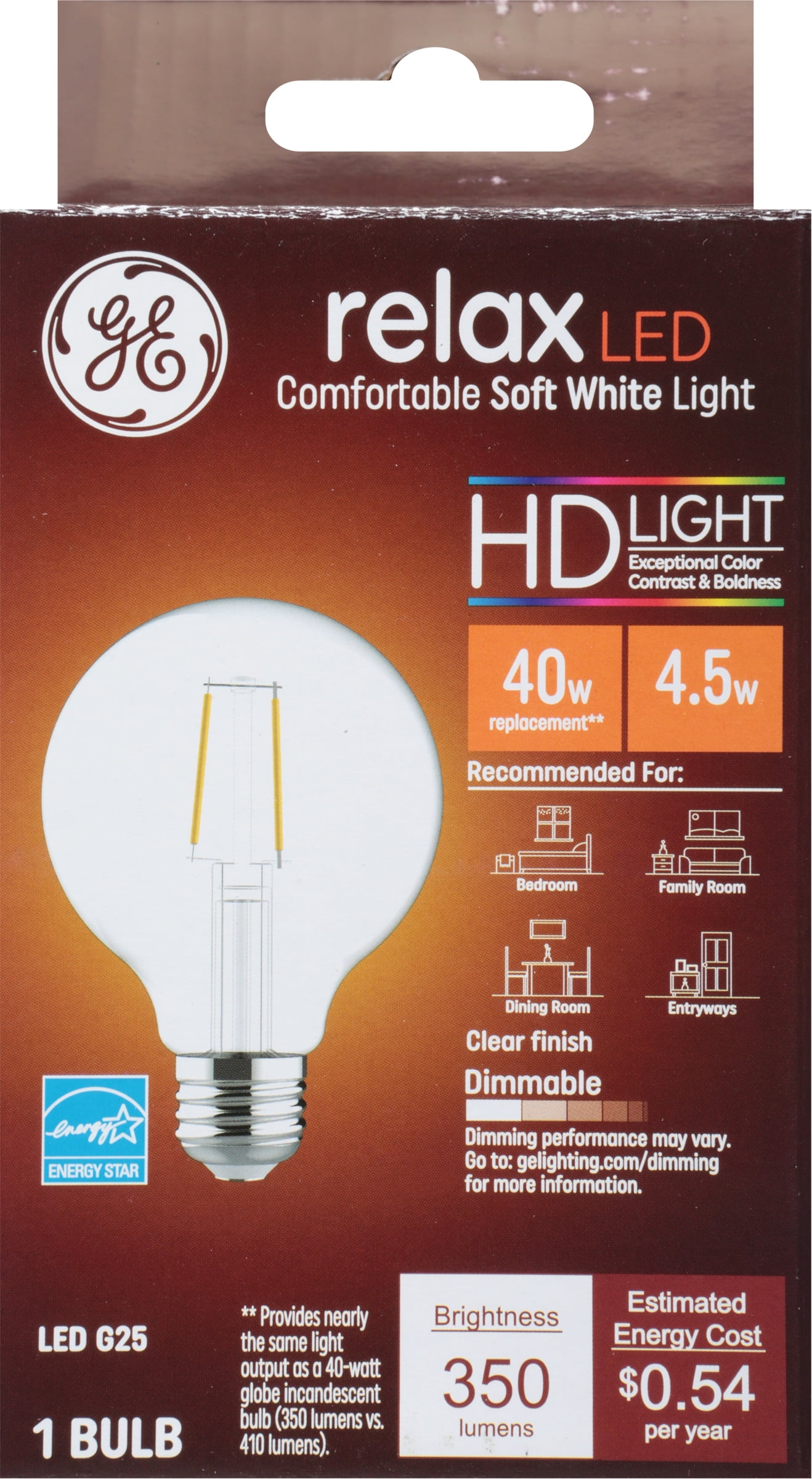 GE Lighting 36850 Clear Finish Light Bulb Relax HD Dimmable LED G25 ...