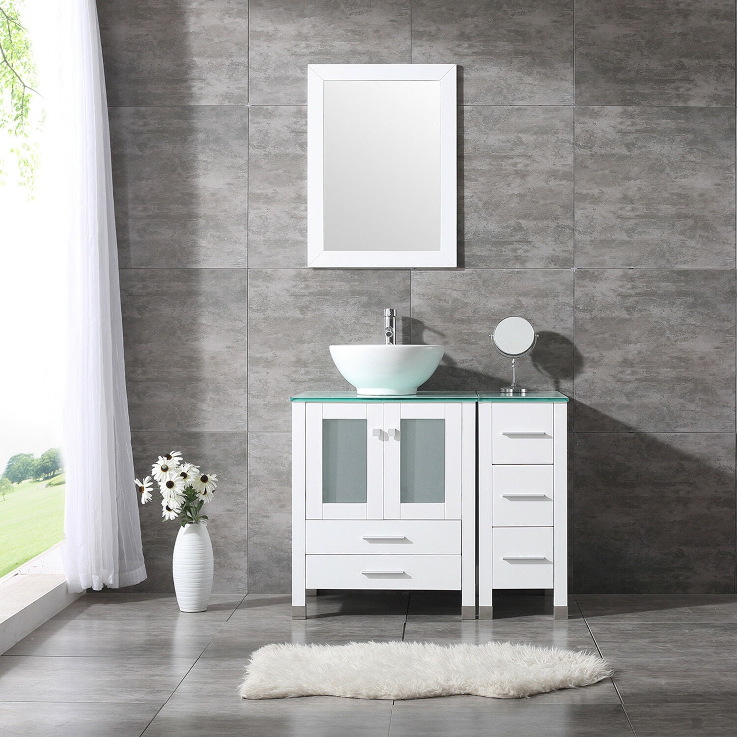 Wonline 36" Round Ceramic Sink Bathroom Vanity Cabinet Solid Wood ...