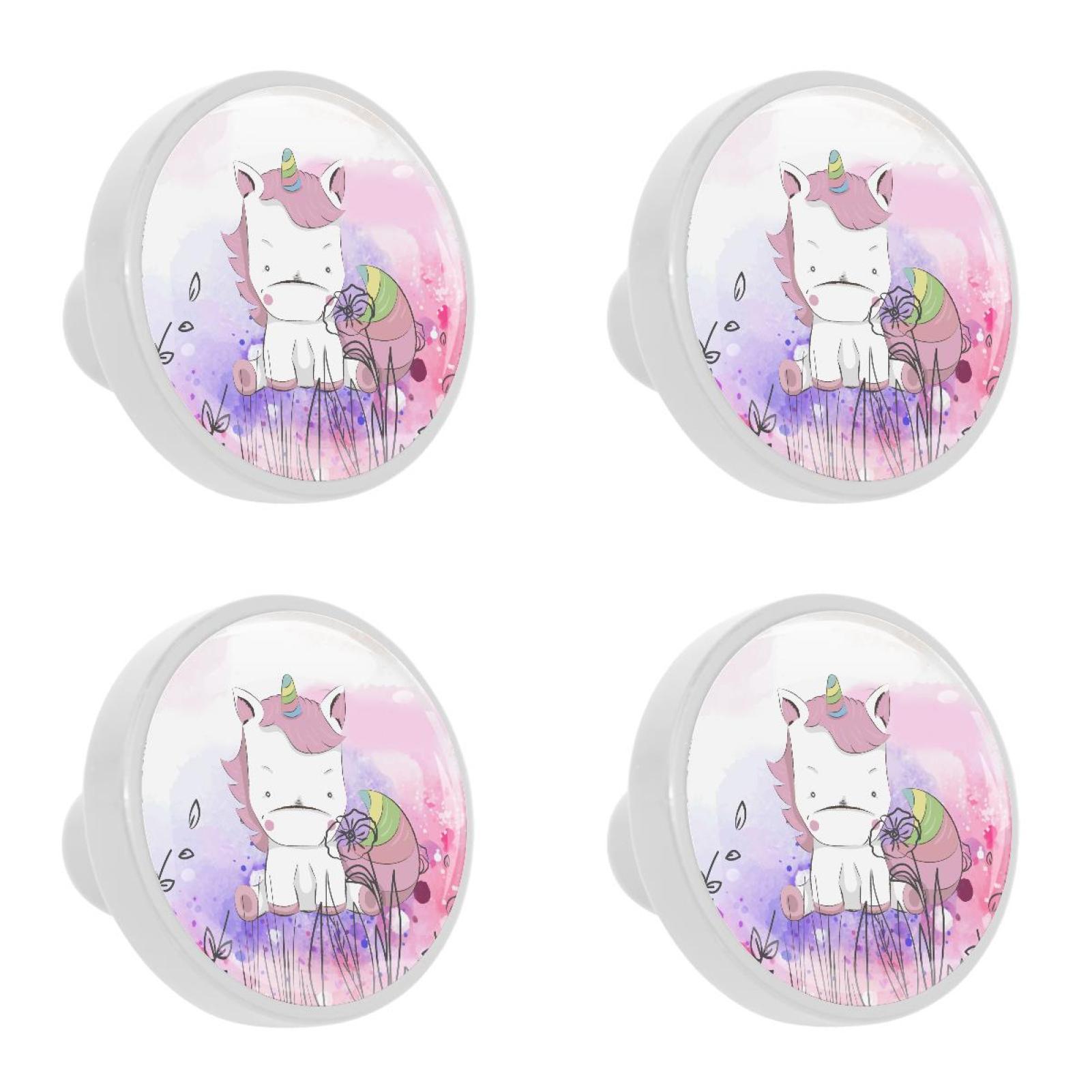 Ownta 4Pcs Kitchen Cabinet Knob Round Cute Watercolor Pink Unicorn Baby ...