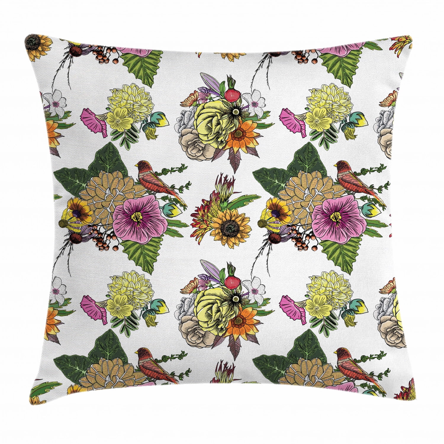 Botanical Throw Pillow Cushion Cover, Roses Dahlia Hibiscus with Leaves ...