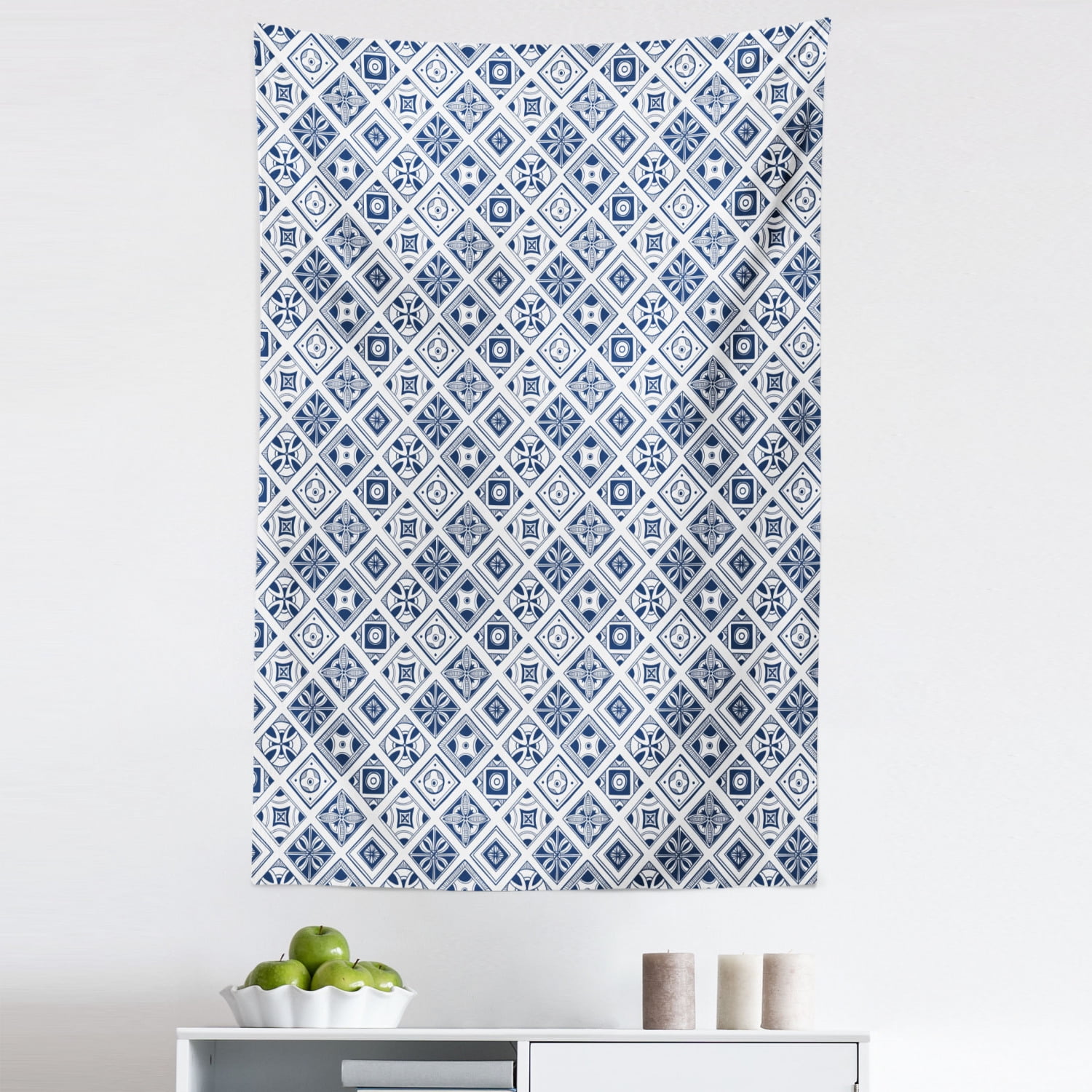 Navy Blue Tapestry, Mediterranean Traditional Art Elements with Spanish ...