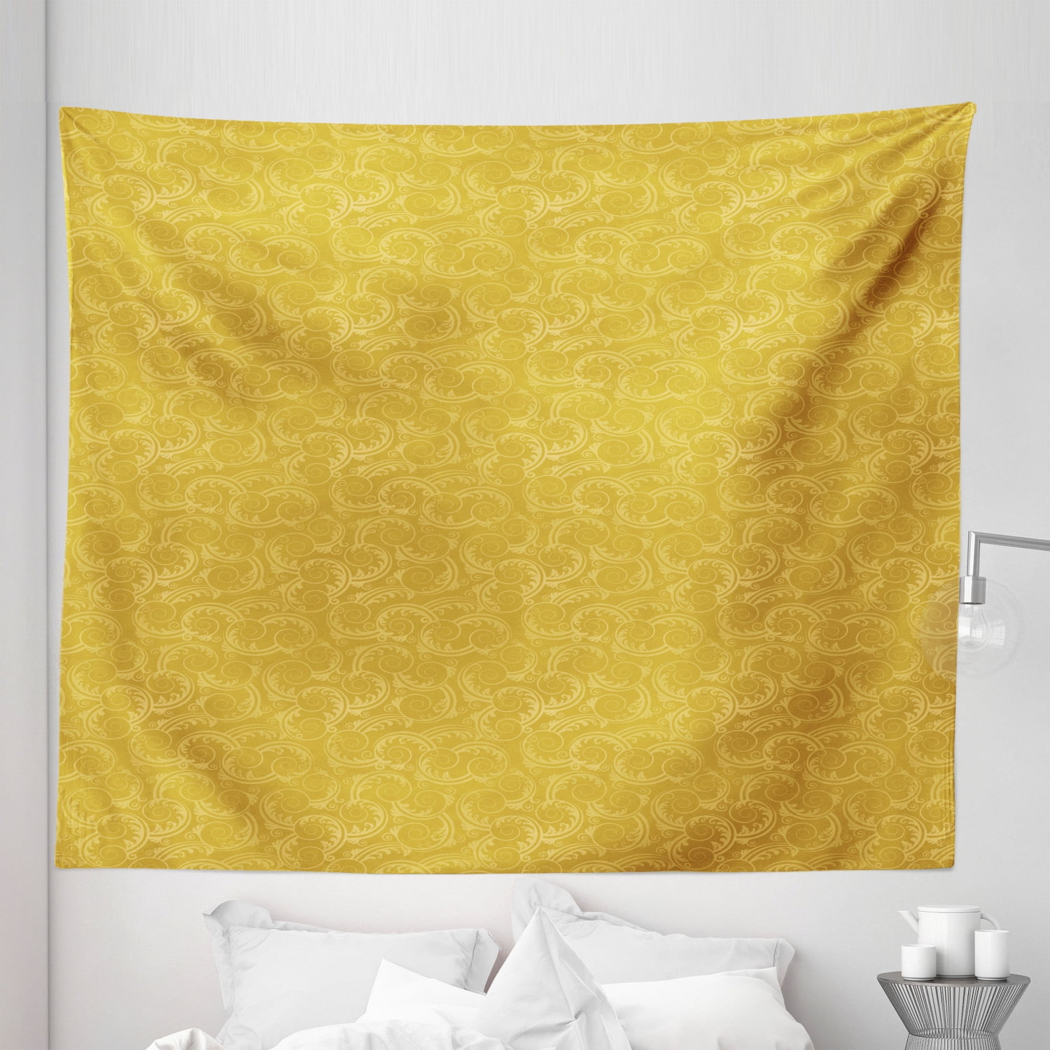Yellow Damask Tapestry, Silhouette Swirls and Leaves Background ...