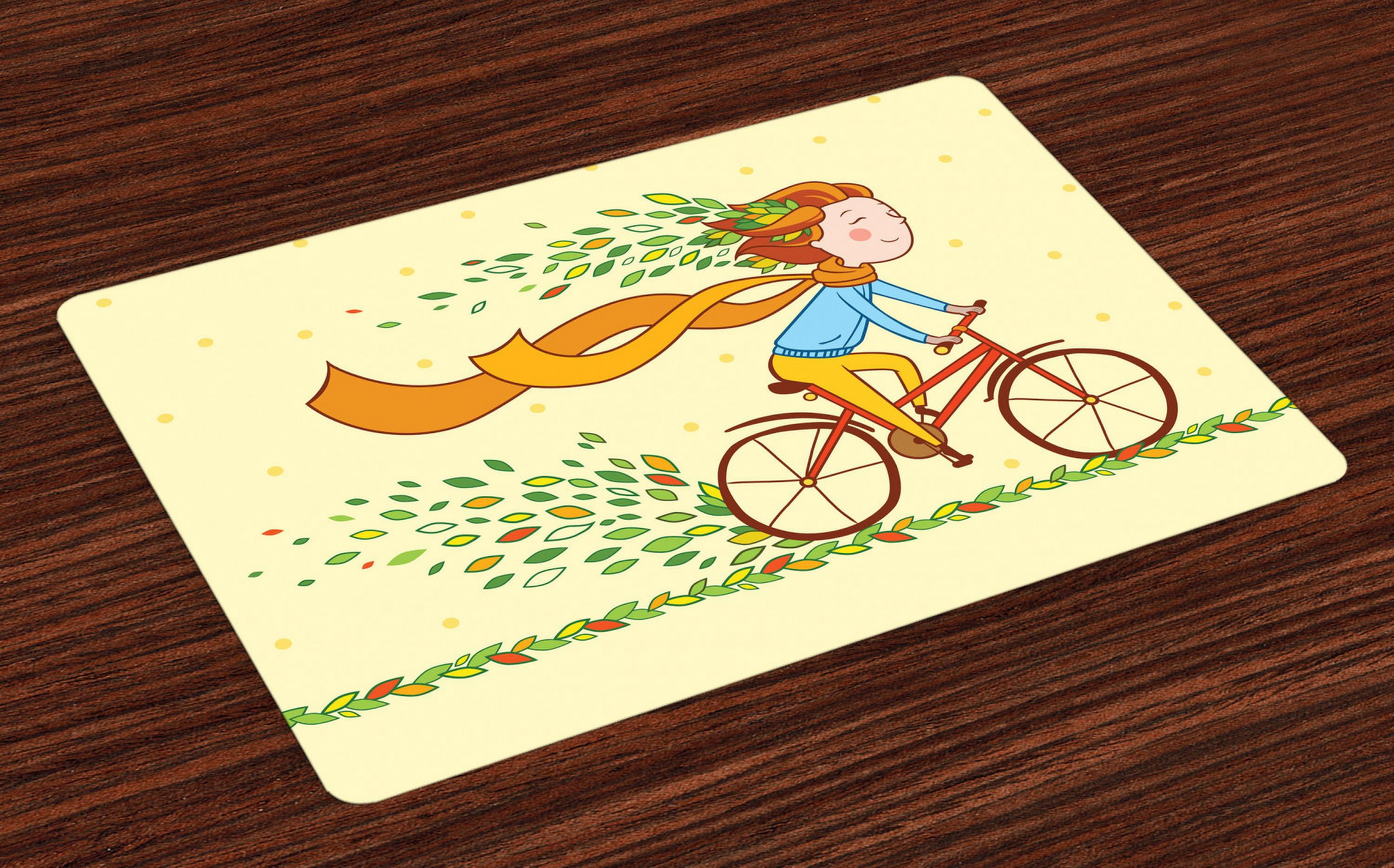 Ambesonne Bicycle Place Mats Set of 4, Girl Bike Autumn Leaves ...