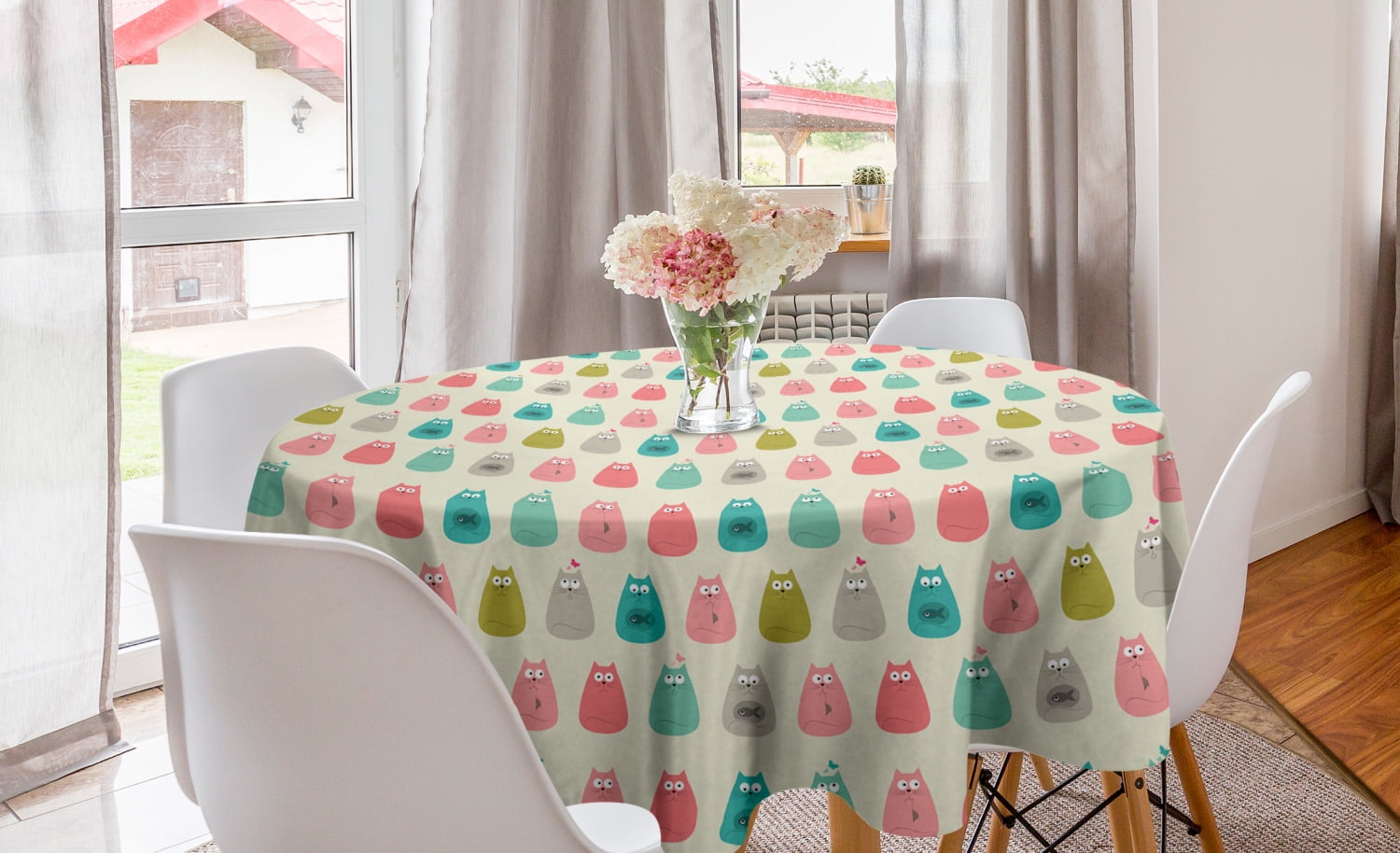 Cat Round Tablecloth, Repetitive Kitten Print Funny Feline Friends ...