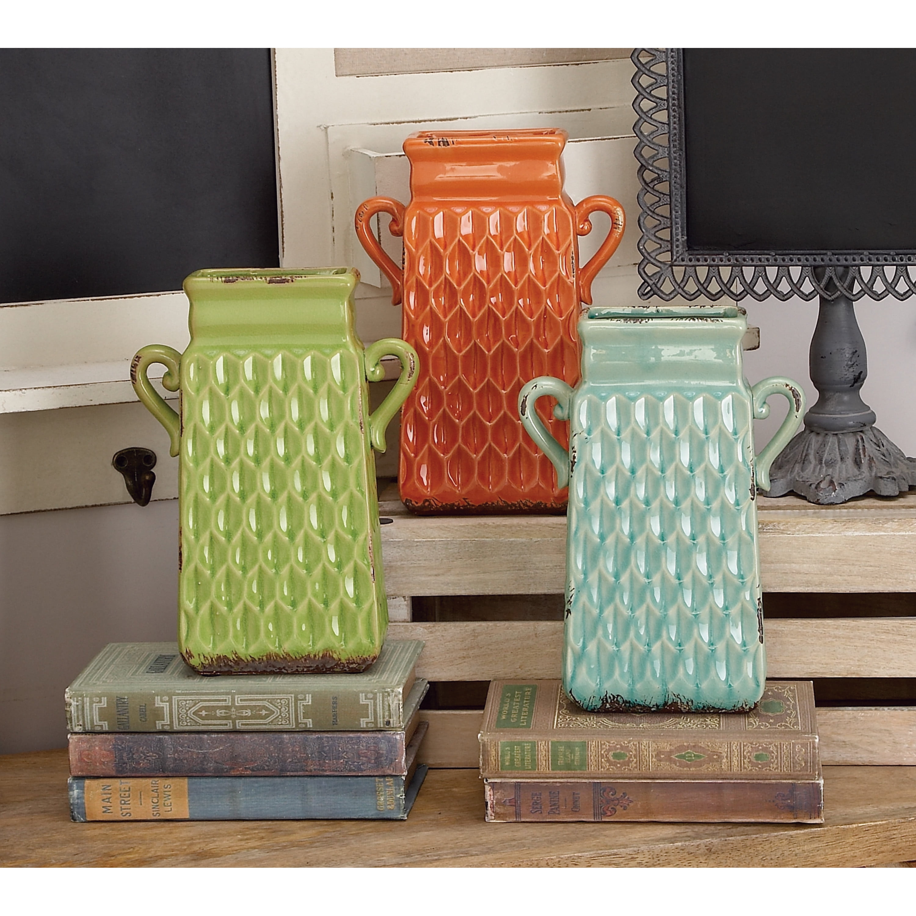 DecMode 7"W, 10"H Multi Colored Ceramic Vase with Handles, Set of 3 ...