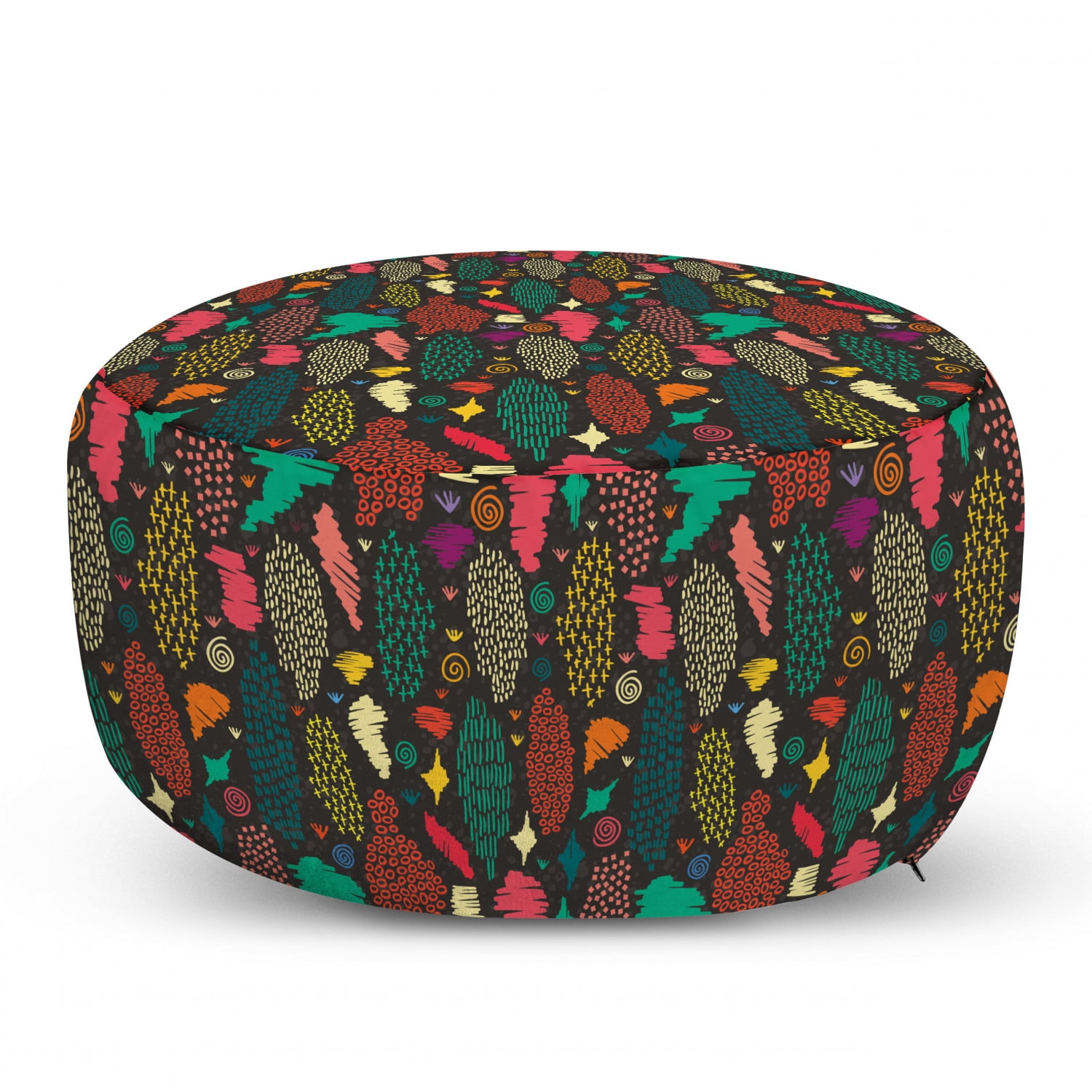 Boho Pouf Cover with Zipper, Colorful and Abstract Shapes in Doodling ...