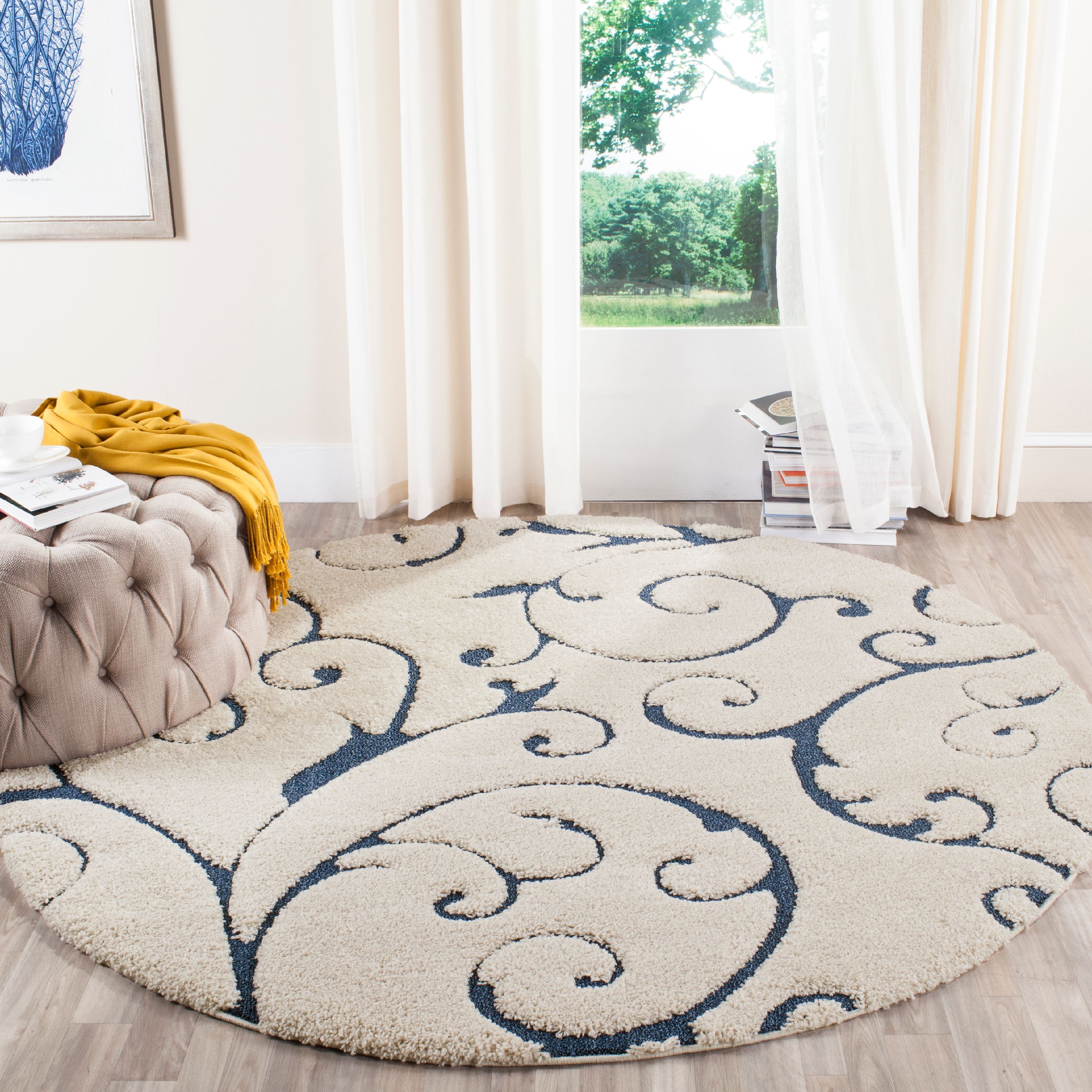 SAFAVIEH Florida Doug Floral Vines Shag Area Rug, Cream/Blue, 6'7" x 6 ...
