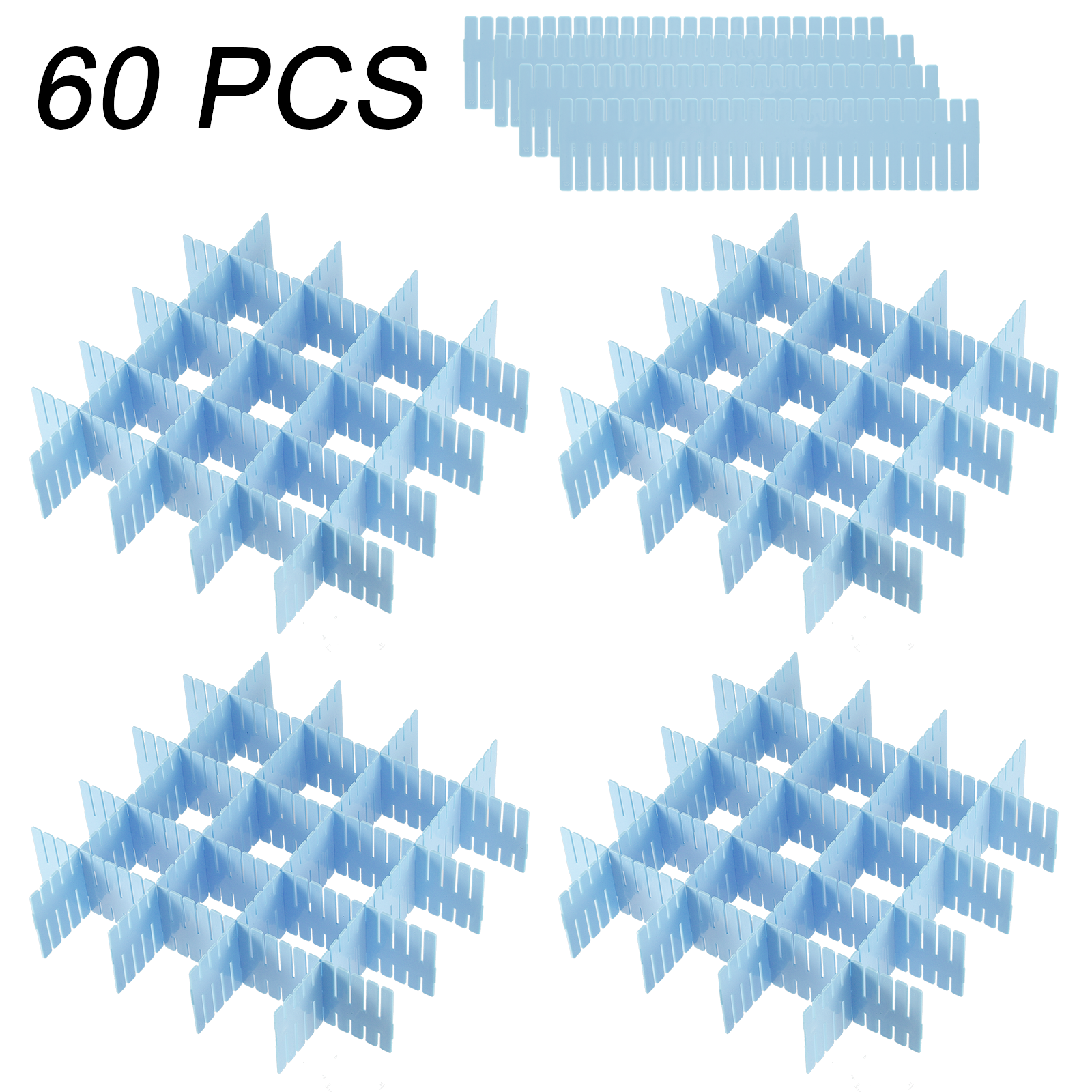 SEUNMUK 60 Pack Blue Plastic DIY Grid Drawer Dividers, Plastic Desk ...