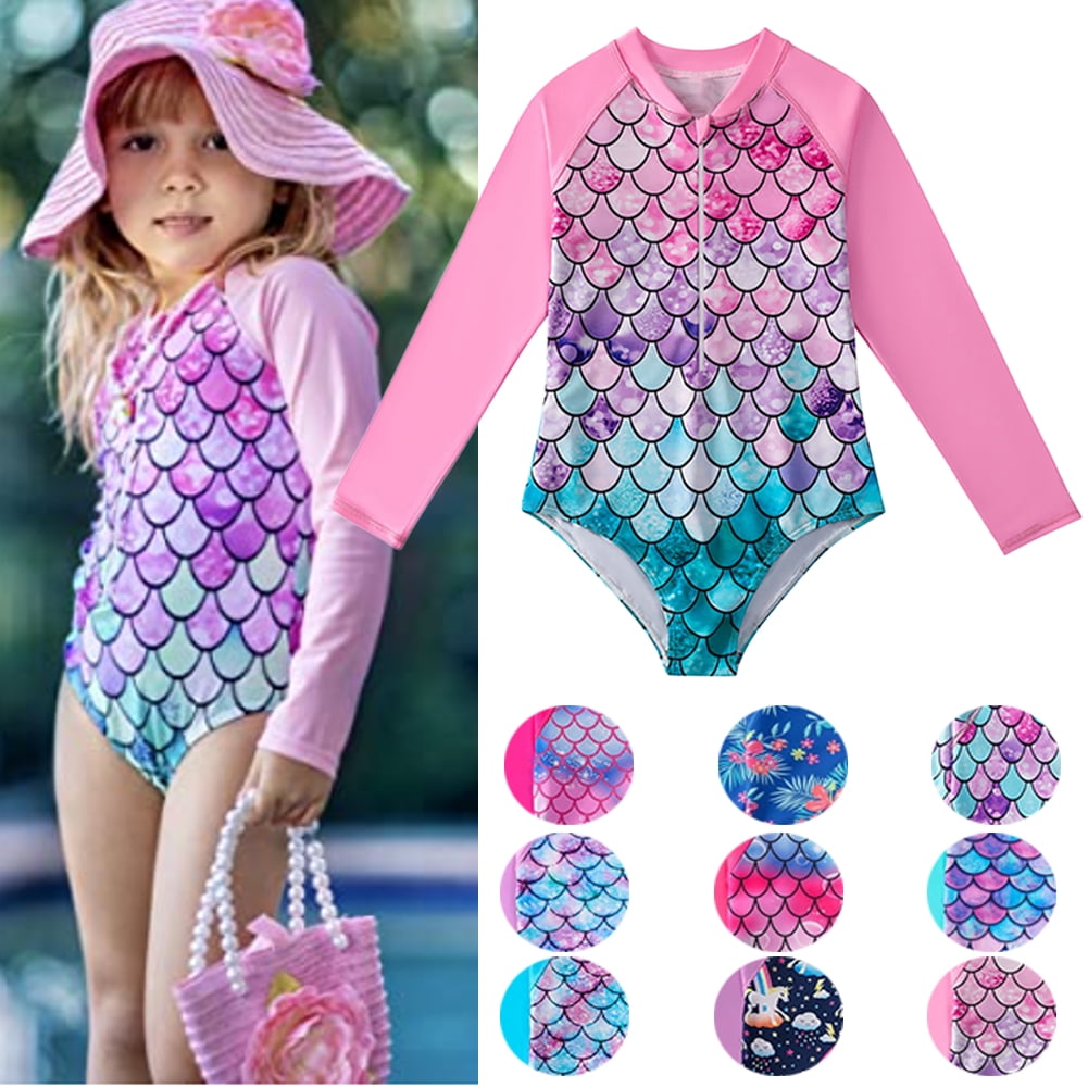 URMAGIC Kids Girls Zip Up Long Sleeve Rash Guard One-Piece Swimsuit ...