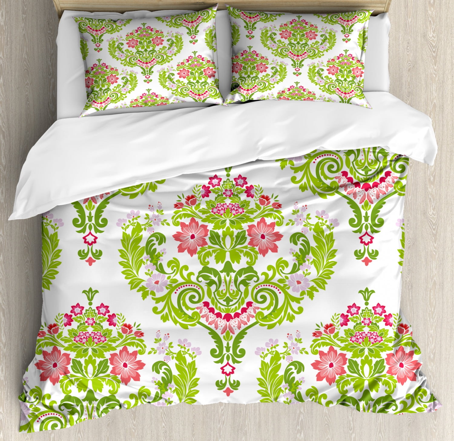 Damask King Size Duvet Cover Set Floral Arrangement Damask Green