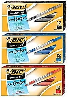 BIC Round Stic Grip Xtra Comfort Ball Pen, Fine Point (0.8 mm), Black ...