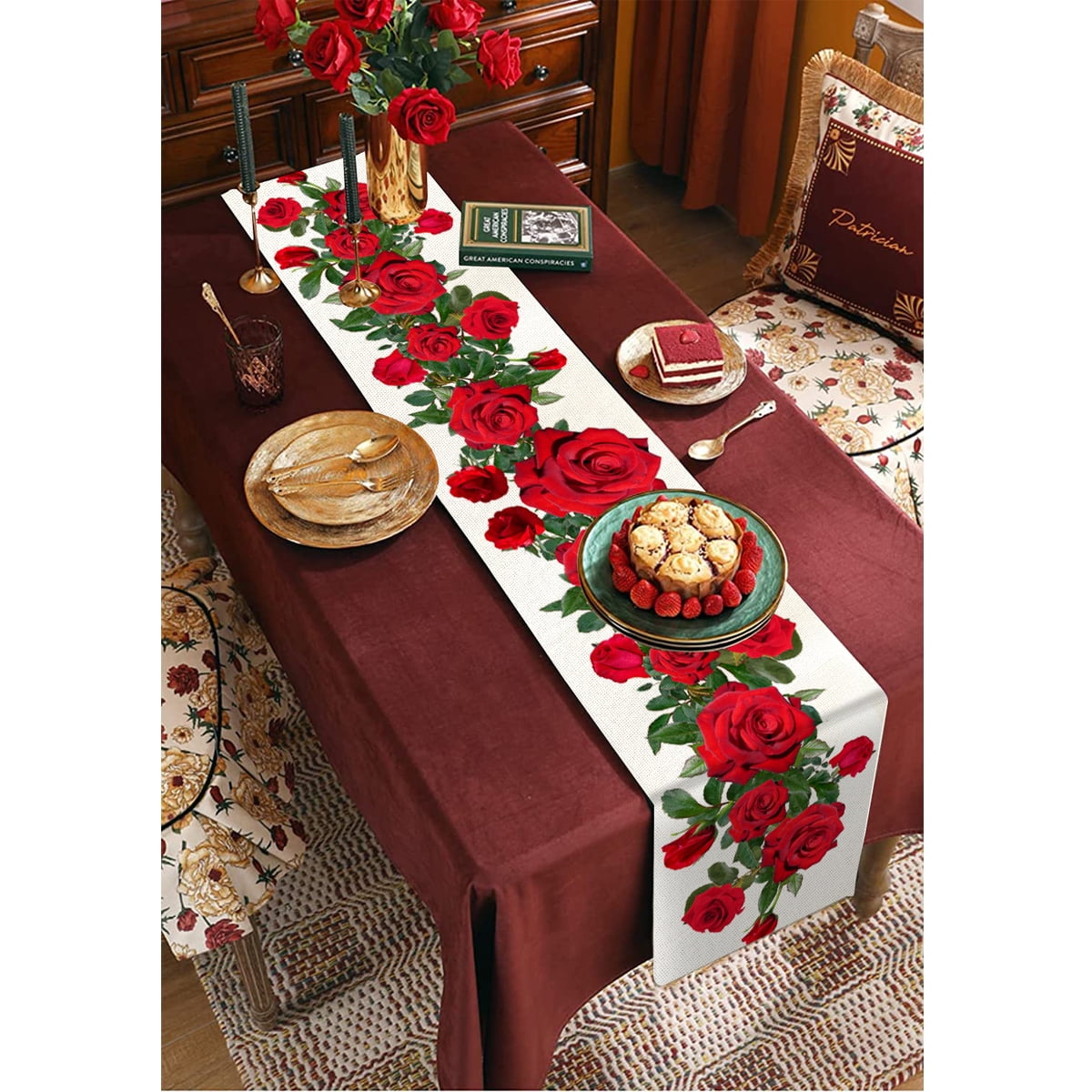 Valentines Table Runner Linen Red Rose Tablecloths Holiday Farmhouse ...