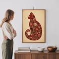 Affixzi Folk Art Cat Print, Scandinavian Botanical Red Floral Wall Art ...
