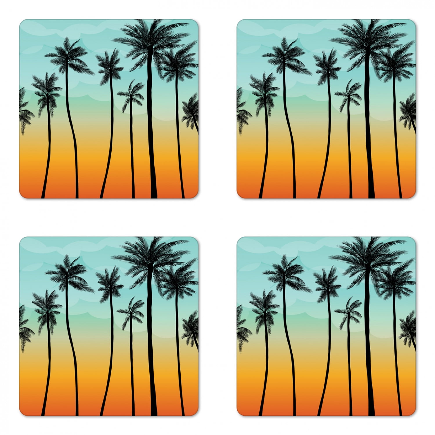 Tropical Coaster Set of 4, Palm Tree Silhouettes in Summer on an Ombre ...