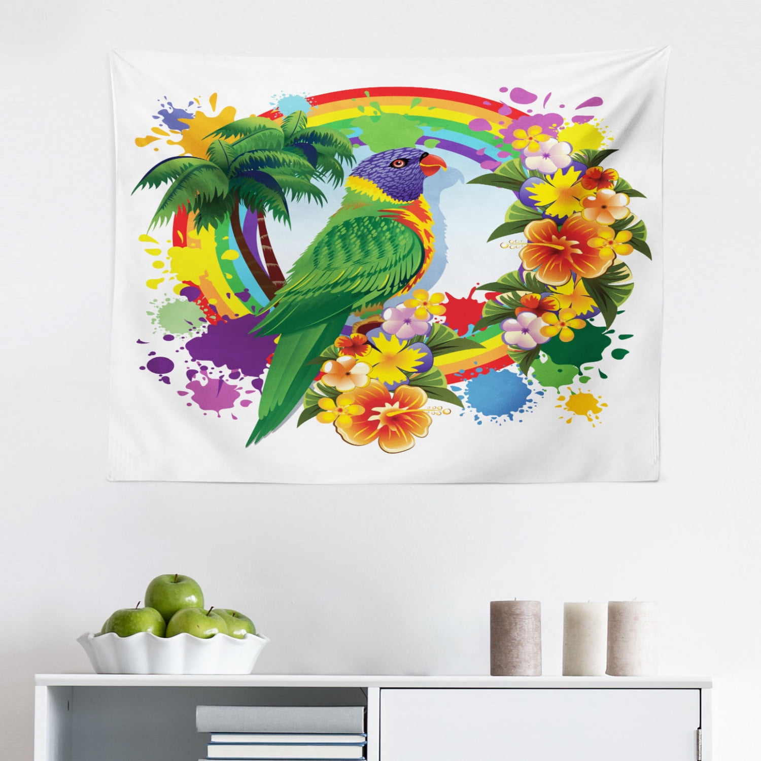 Parrot Tapestry, Big Parrot Sitting on Coconut Tree Talkative Character ...