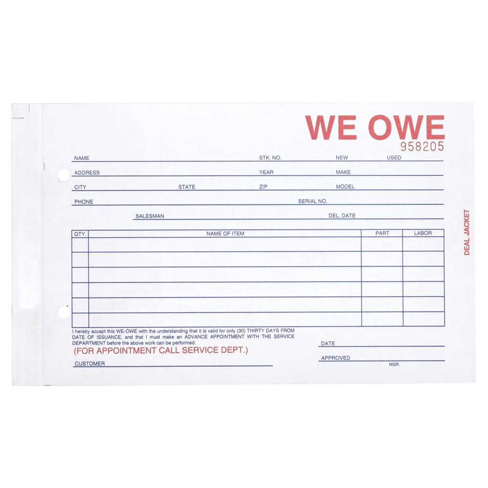 3-Part We Owe Agreement Form - 8 1/2"W x 5 1/2"H - Pack of 100 ...