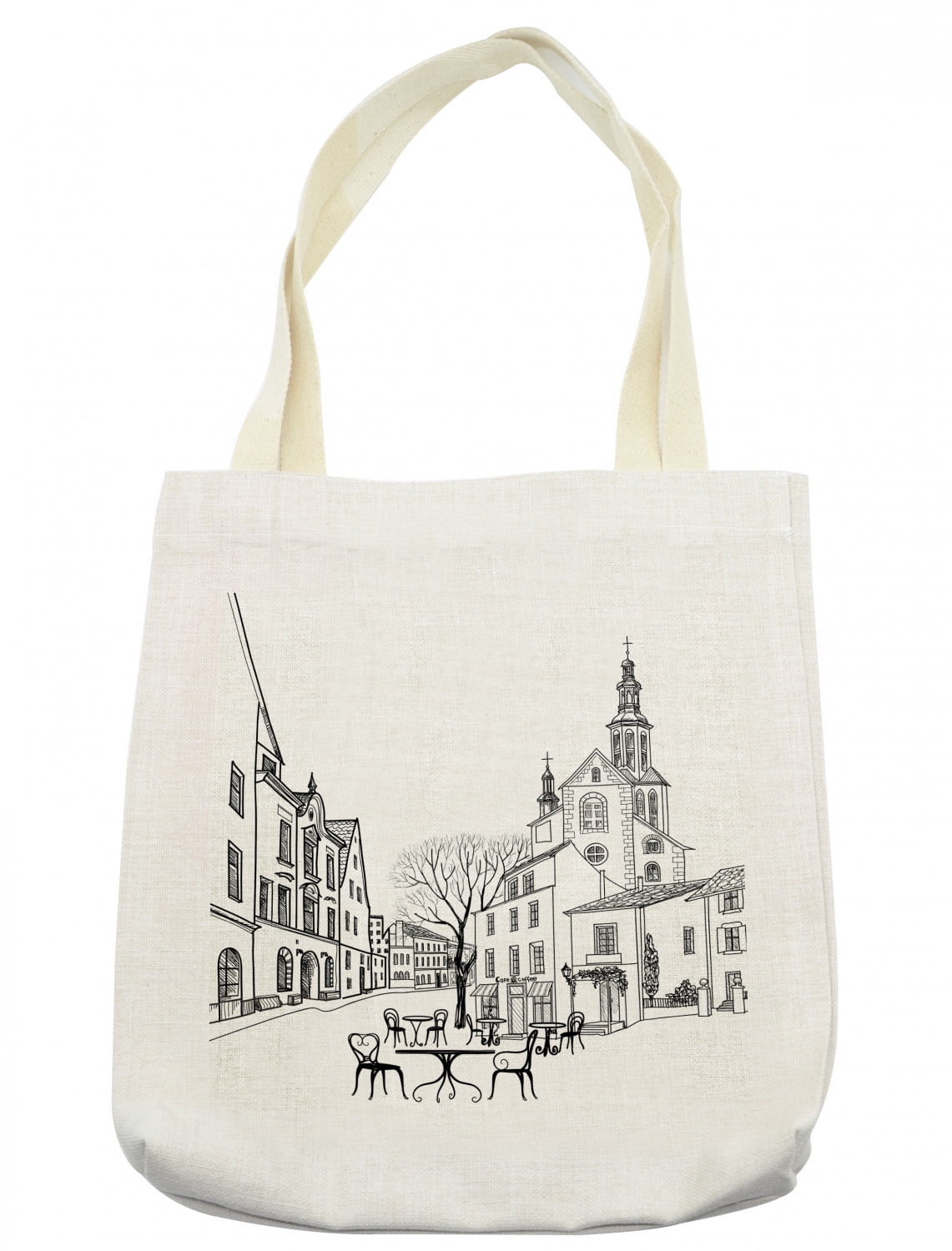 Cityscape Tote Bag, Street Cafe in Old City Houses Buildings Tree ...