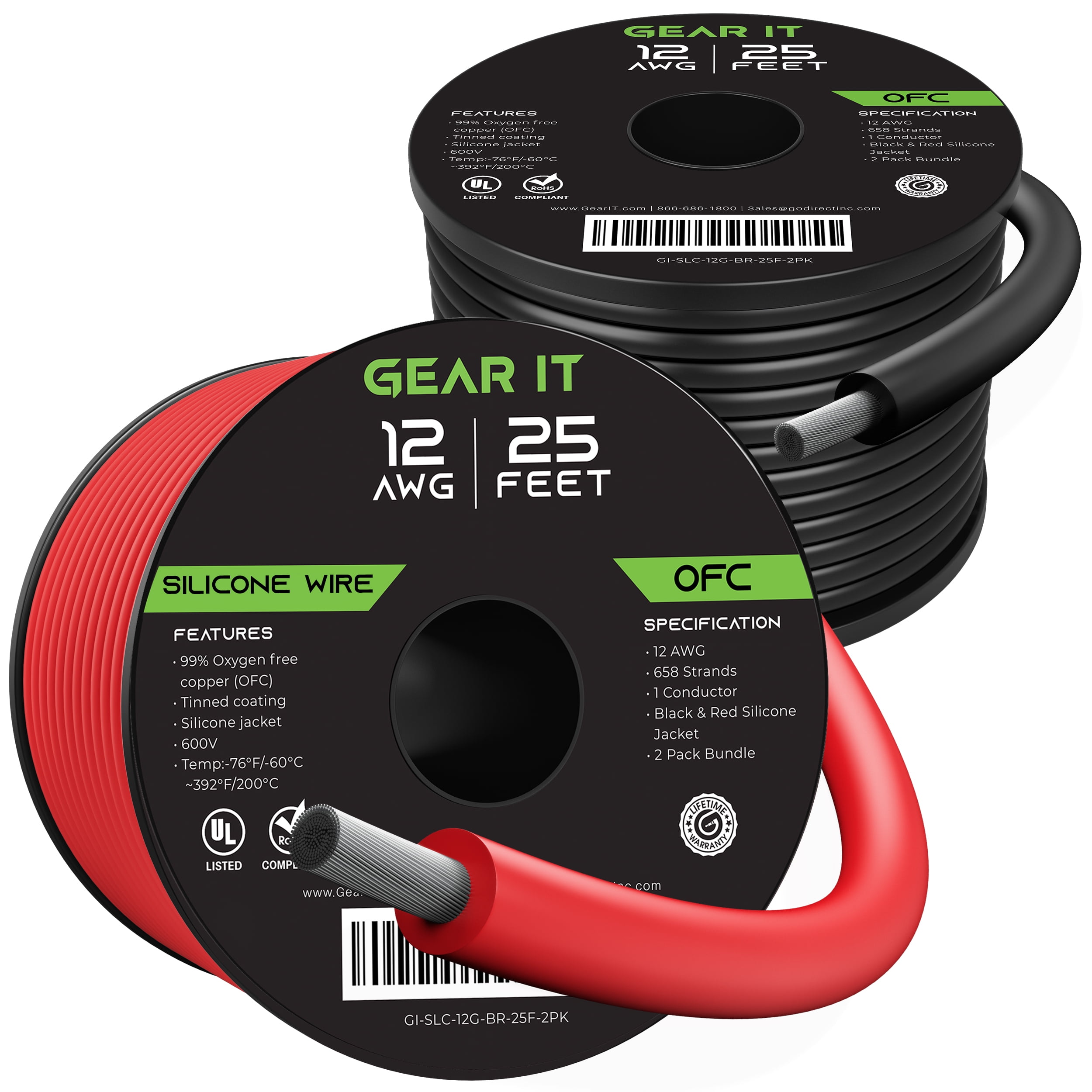GearIT 12 Gauge Silicone Wire 600V (Black | Red - 25 Feet EACH) 12AWG ...
