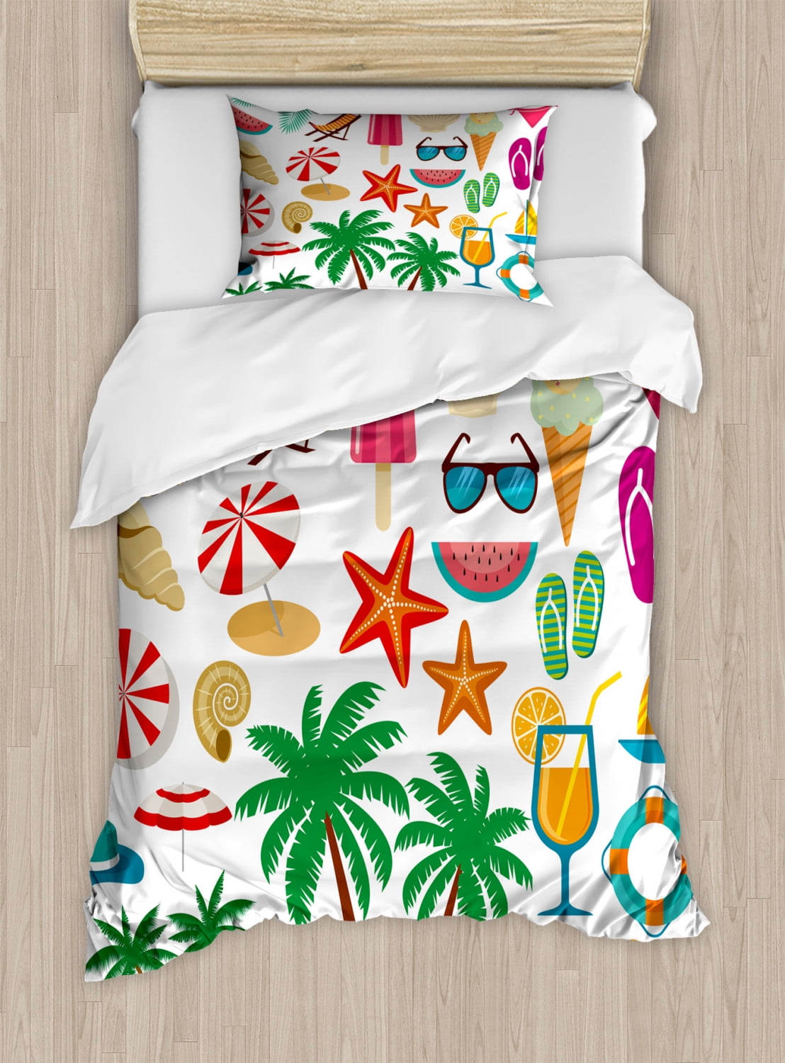 Beach Twin Size Duvet Cover Set, Summer Icons Trees Bikini Glasses ...