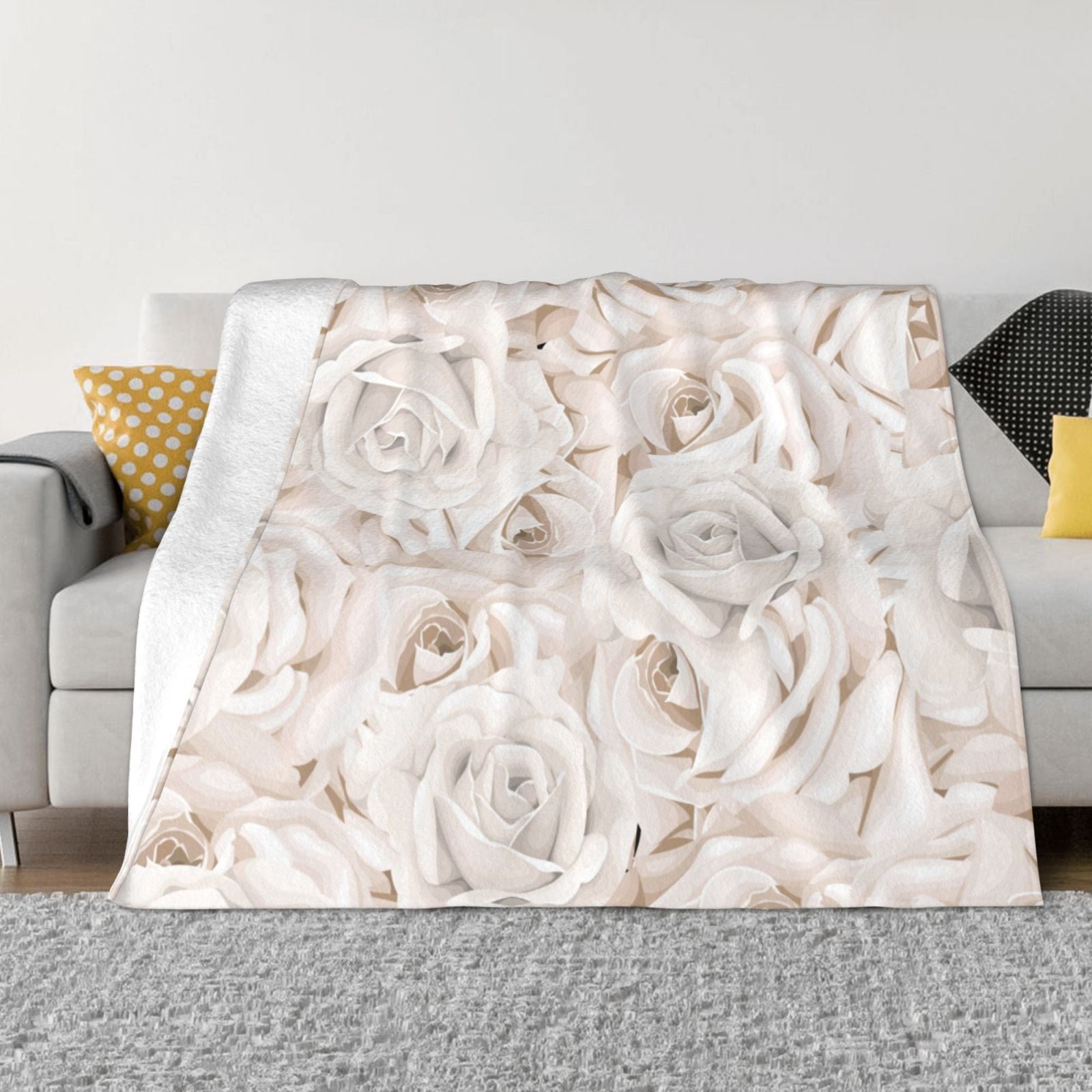 XMXT Throw Blanket, Rose Illustration White Machine Washable Blankets ...
