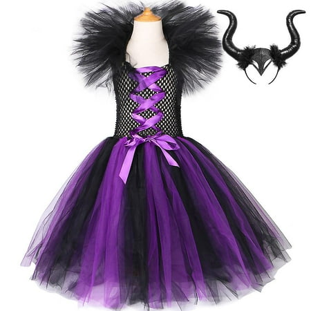 Girls Fancy Tutu Dress With Horn Wing Kids Dark Fairy Witch Gown Dress ...