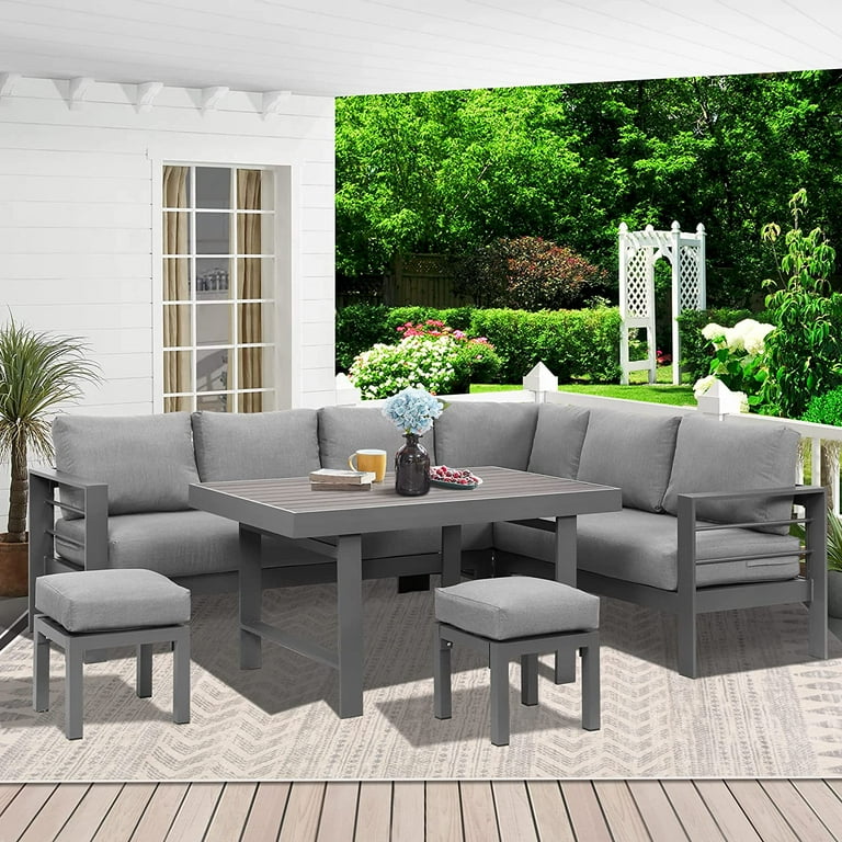 CozyHom Outdoor Patio Aluminum Furniture Sofa Set Metal Outside Patio Furniture Conversation Sets with Dining Table 2 Ottomans Sectional Sofa Couch Seating Set with Cushion Gray Walmart