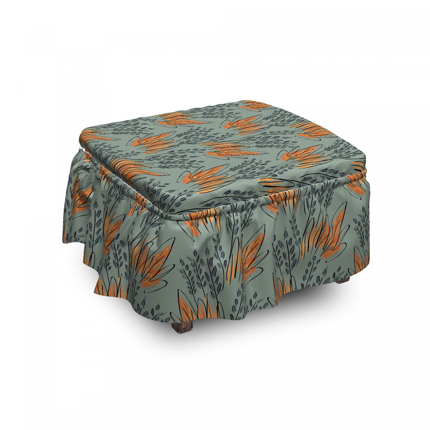 Ethnic Ottoman Cover, Sketched Rough Grass Herbs, 2 Piece Slipcover Set ...