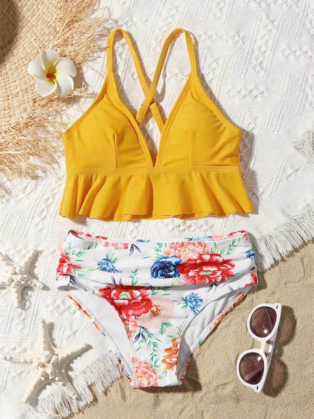 Actoyo Kids Girls Swimsuit Falbala Floral High Waisted Bathing Suit ...